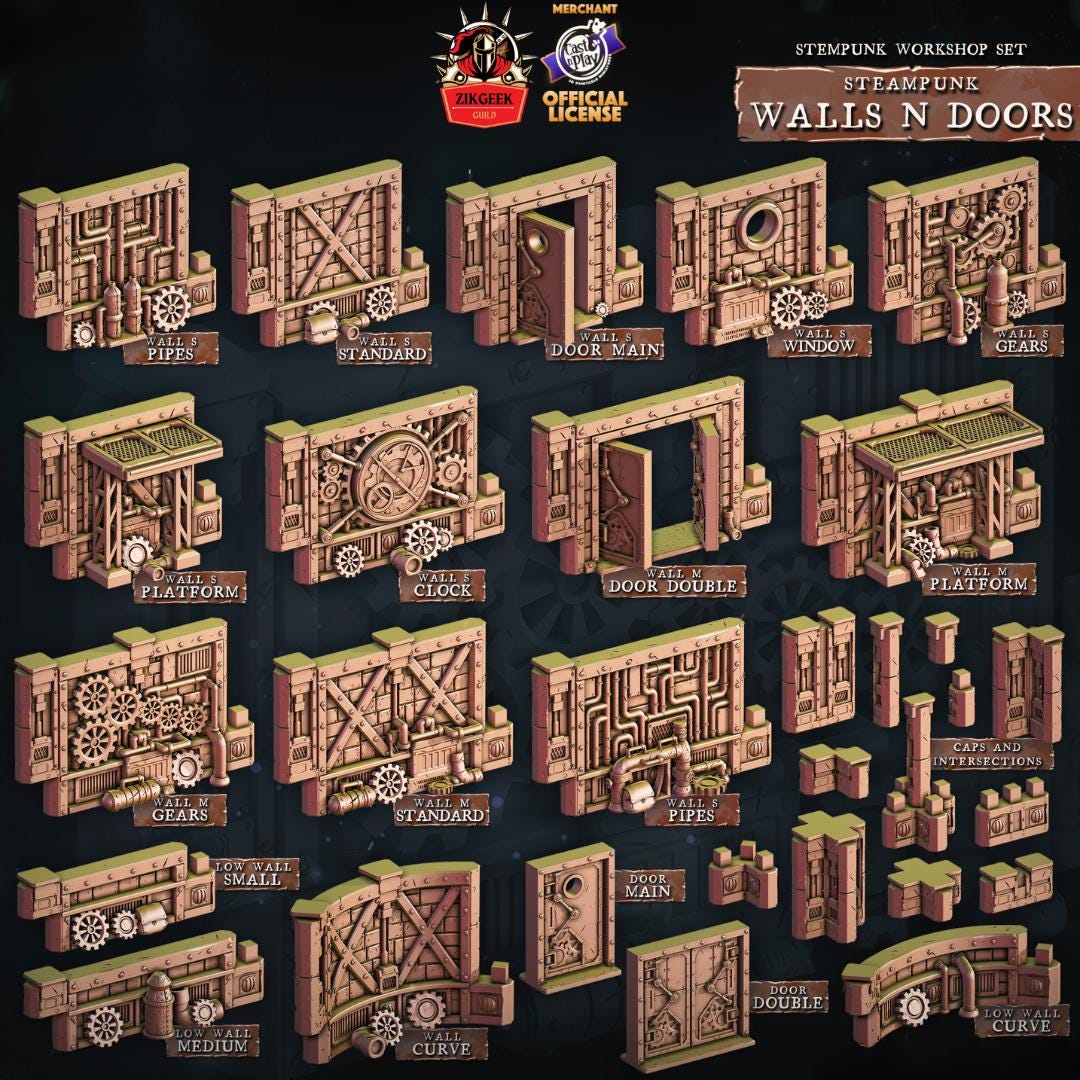Steampunk Walls & Doors Terrain Set: 28/32/38mm Fantasy RPG Miniatures ...