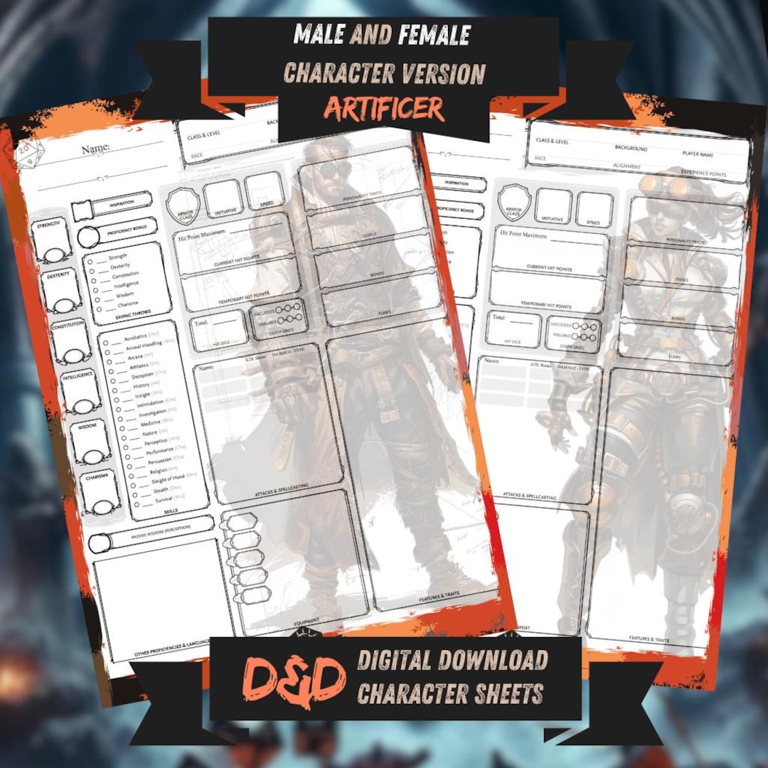 Character Sheet Artificer Male Female Printable Sheet Dnd 5e Stat Sheet ...
