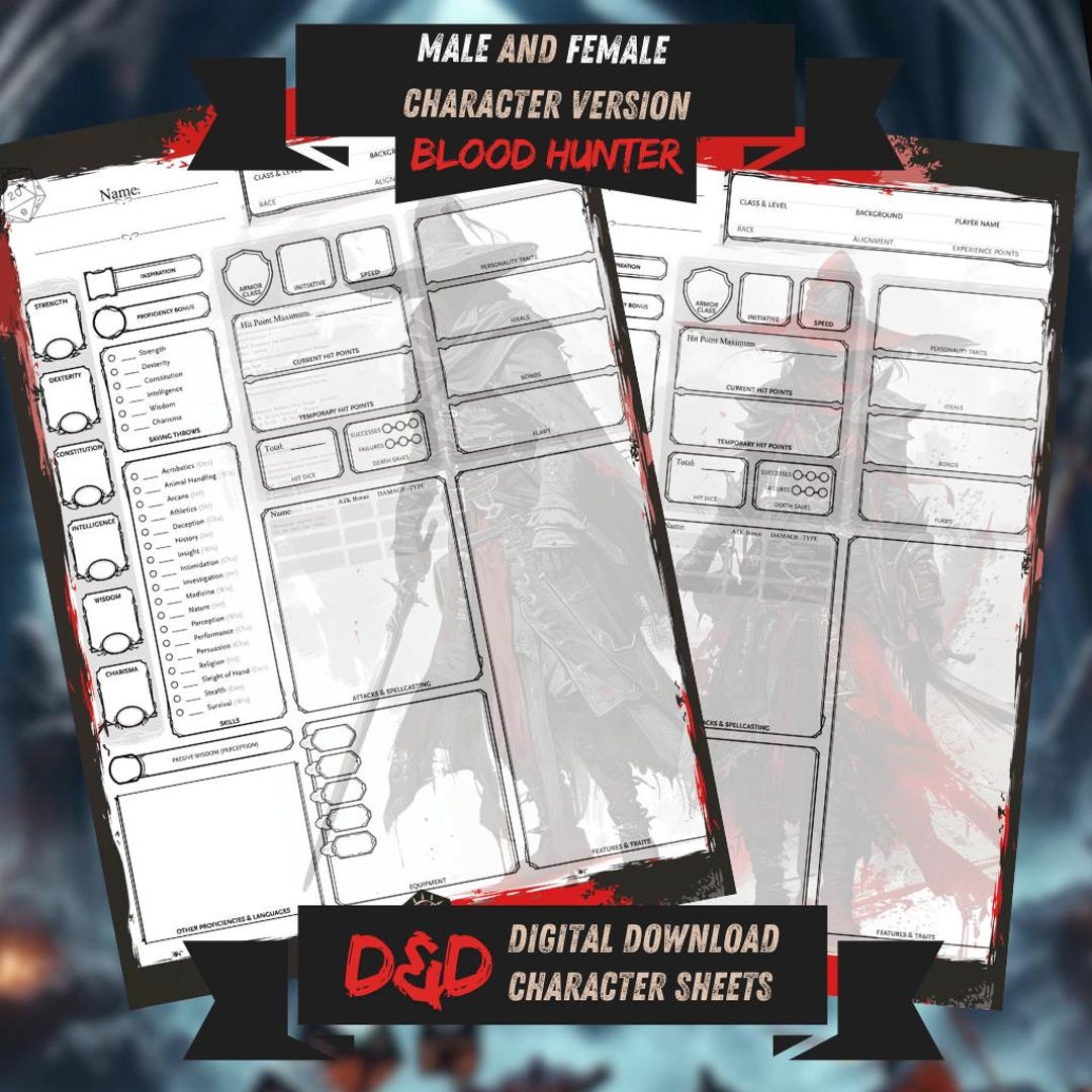 Character Sheet Blood Hunter Male Female Printable Sheet Dnd 5e Stat ...