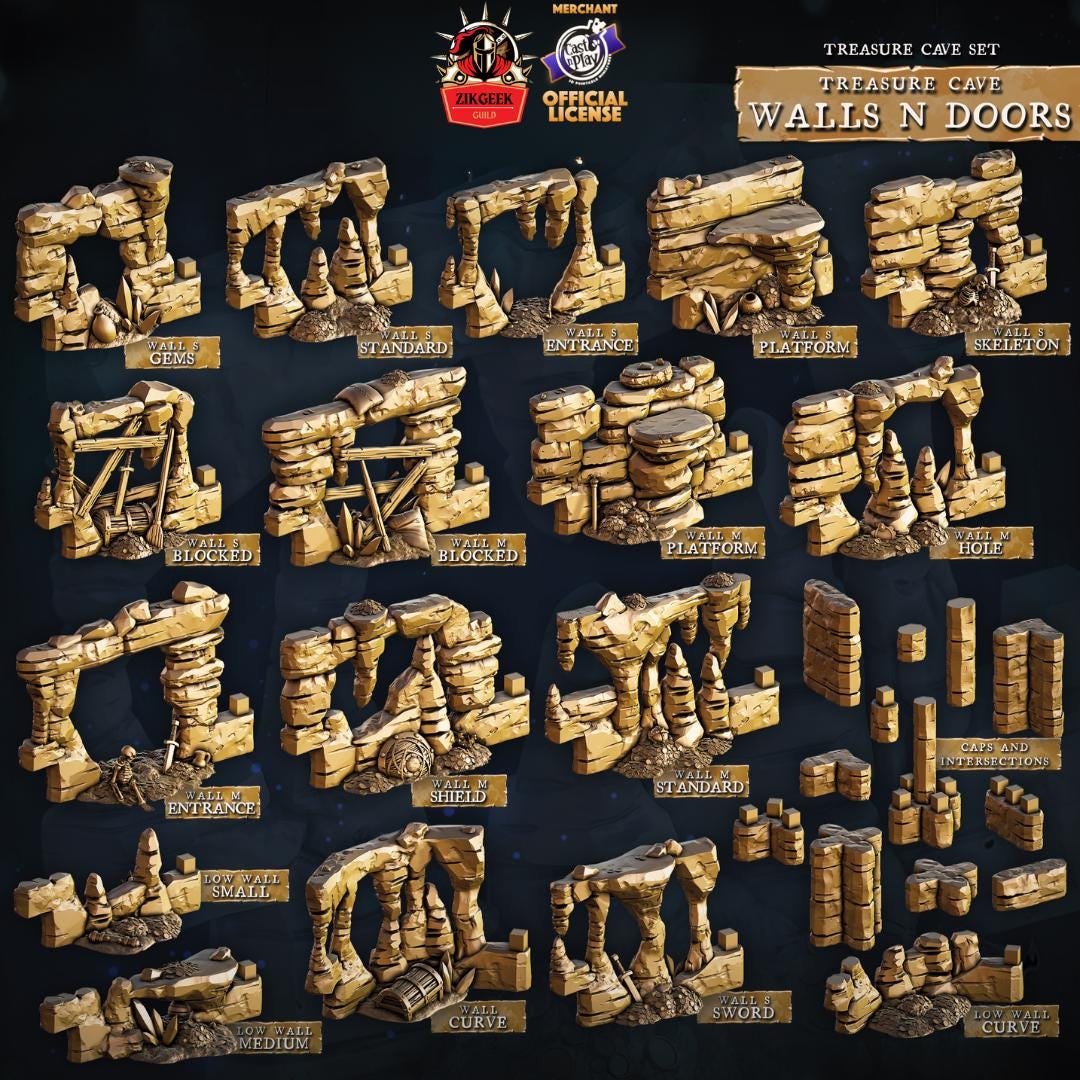 Treasure Cave, Walls & Doors Terrain: 28/32/38mm Fantasy RPG Miniatures ...