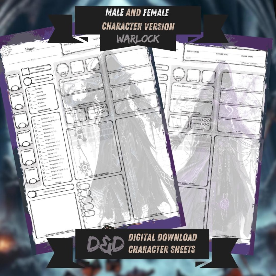 Dnd 5e Warlock Character Sheet: Male & Female (PDF Digital Download) - Etsy