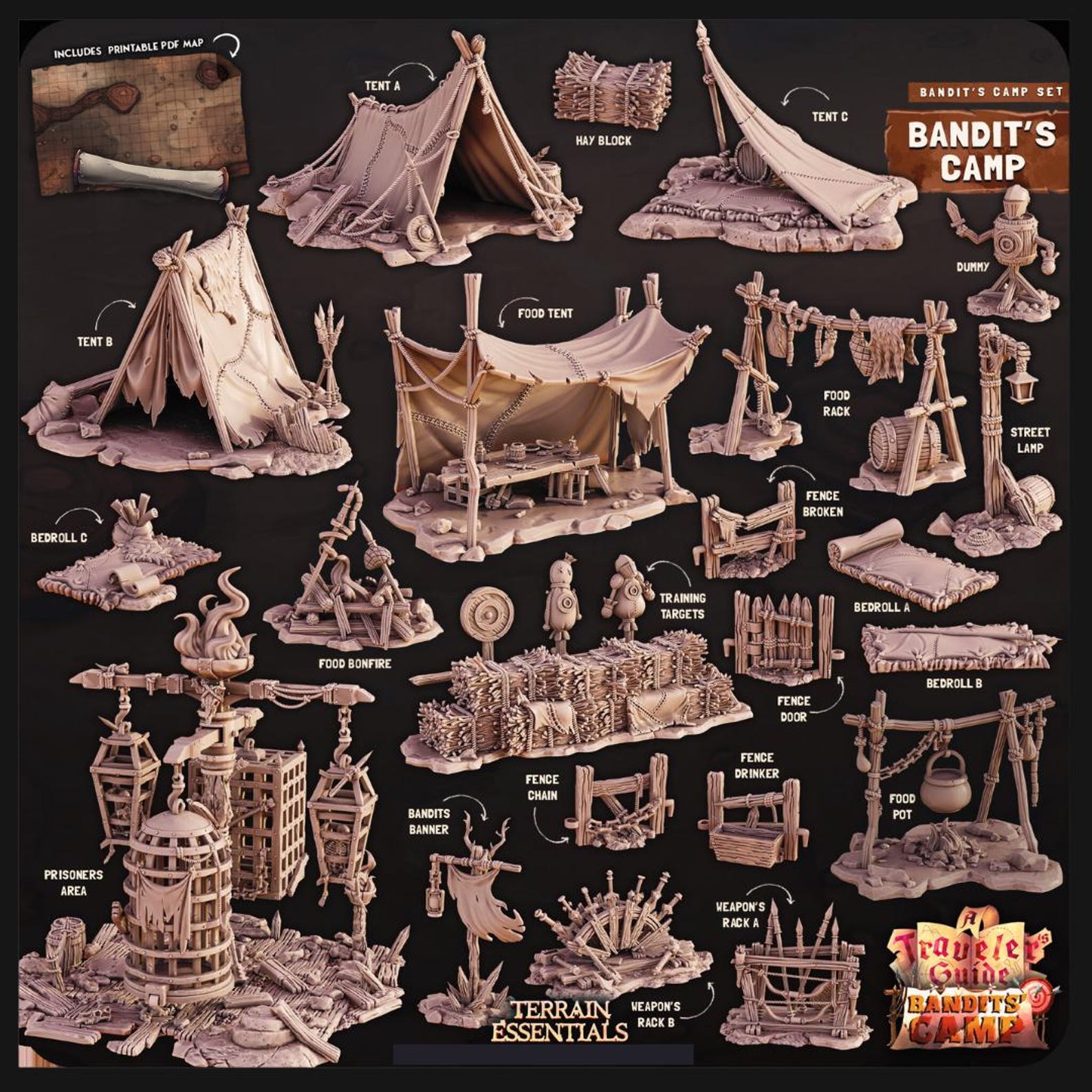 Bandit Tents & Bedrolls Terrain Miniatures: 28/32/38mm Fantasy RPG Mini ...