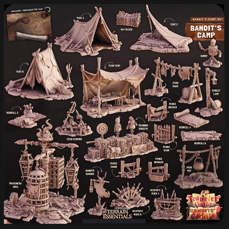 Bandit Tents & Bedrolls Terrain Miniatures: 28/32/38mm Fantasy RPG Mini ...