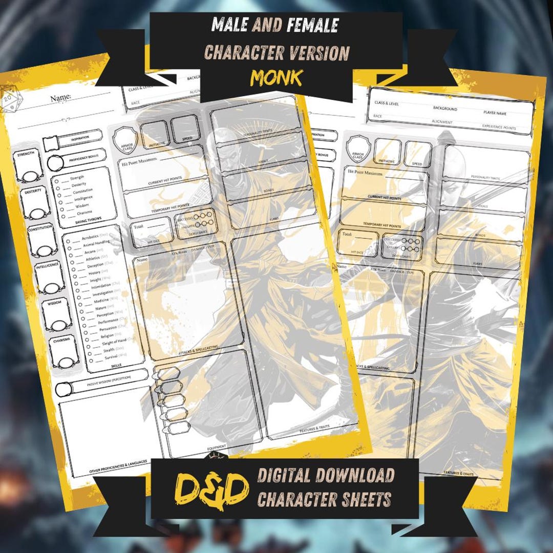 Character Sheet Monk Male Female Printable Sheet Dnd 5e Stat Sheet ...