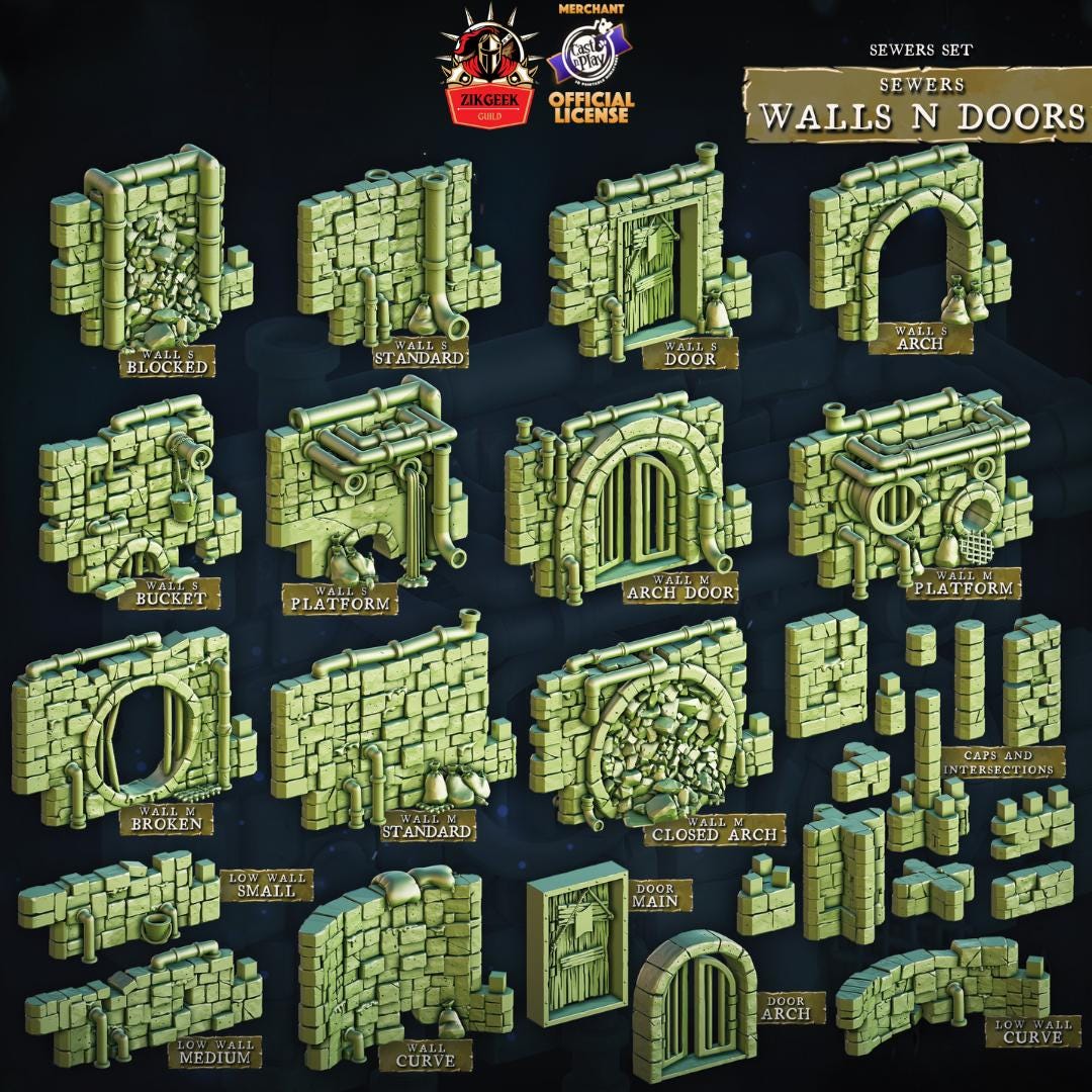 Sewers Walls & Doors Terrain Set: 28/32/38mm Fantasy RPG Miniatures for ...