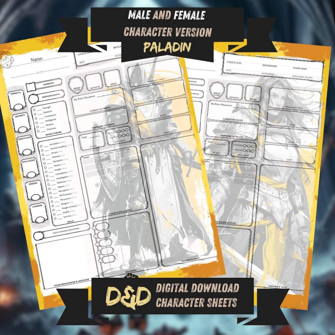 Character Sheet Paladin Male Female Printable Sheet Dnd 5e Stat Sheet ...