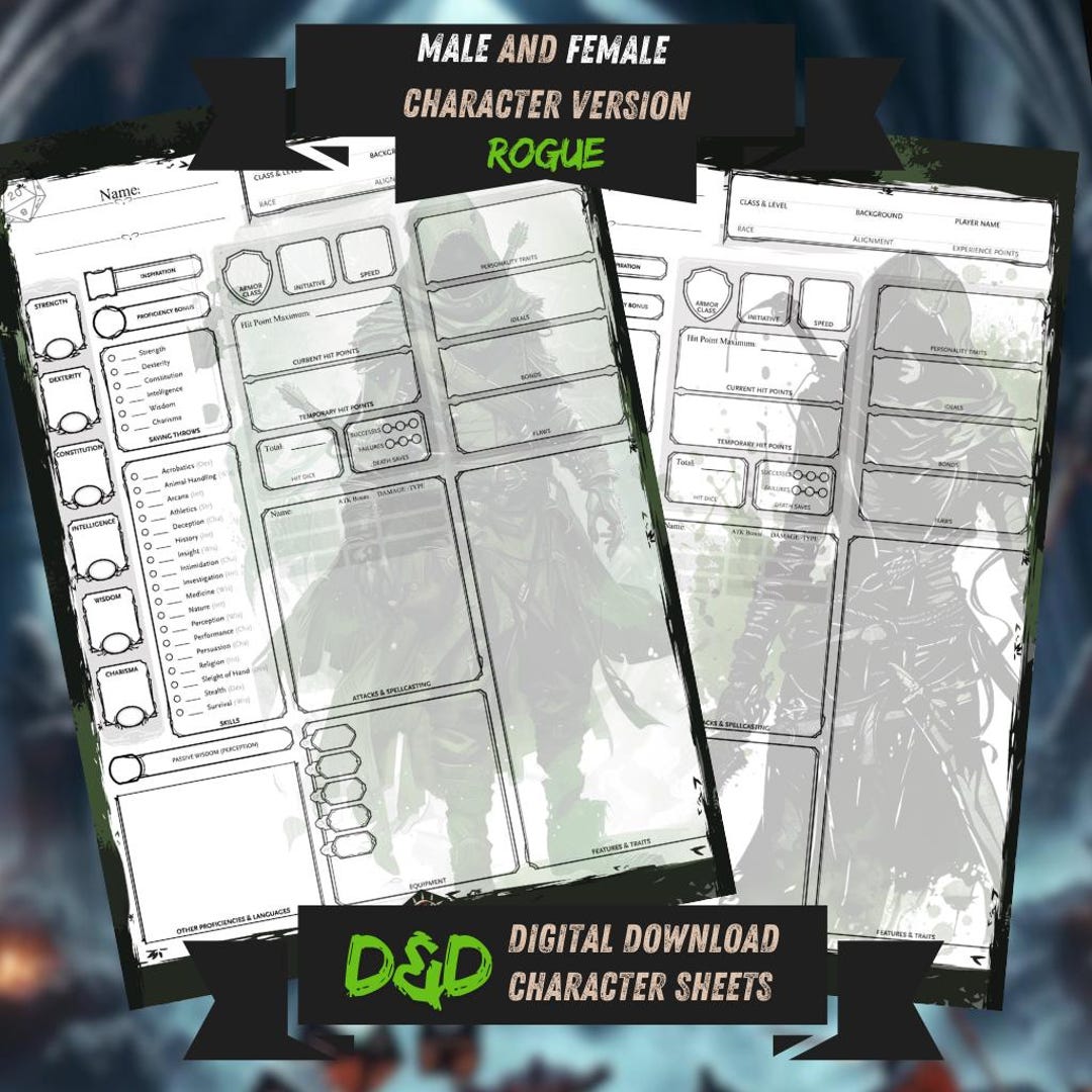 Character Sheet Rogue Male Female Printable Sheet Dnd 5e Stat Sheet ...