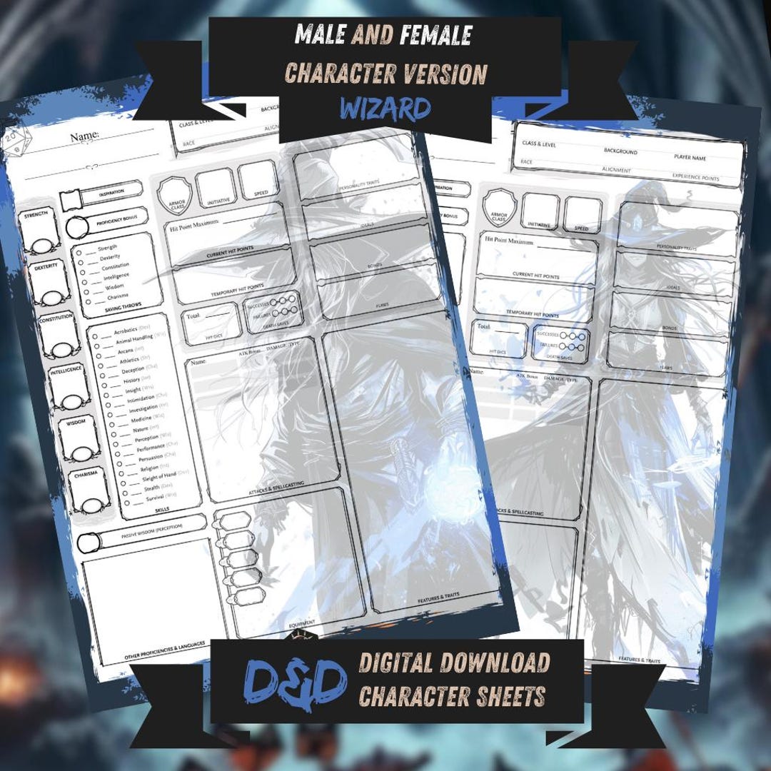 Dnd 5e Wizard Character Sheet: Male & Female (PDF Digital Download) - Etsy