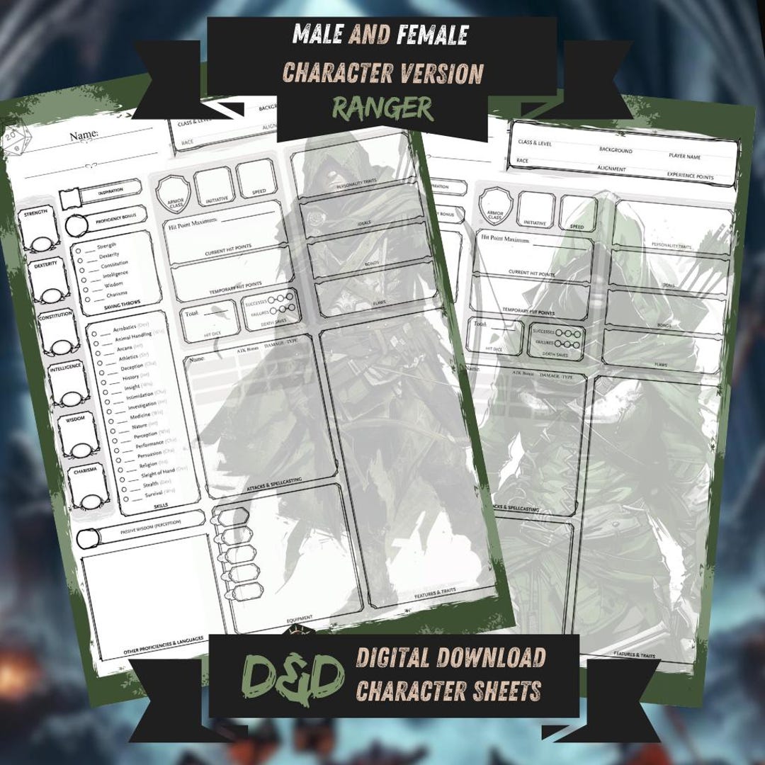 Character Sheet Ranger Male Female Printable Sheet Dnd 5e Stat Sheet ...
