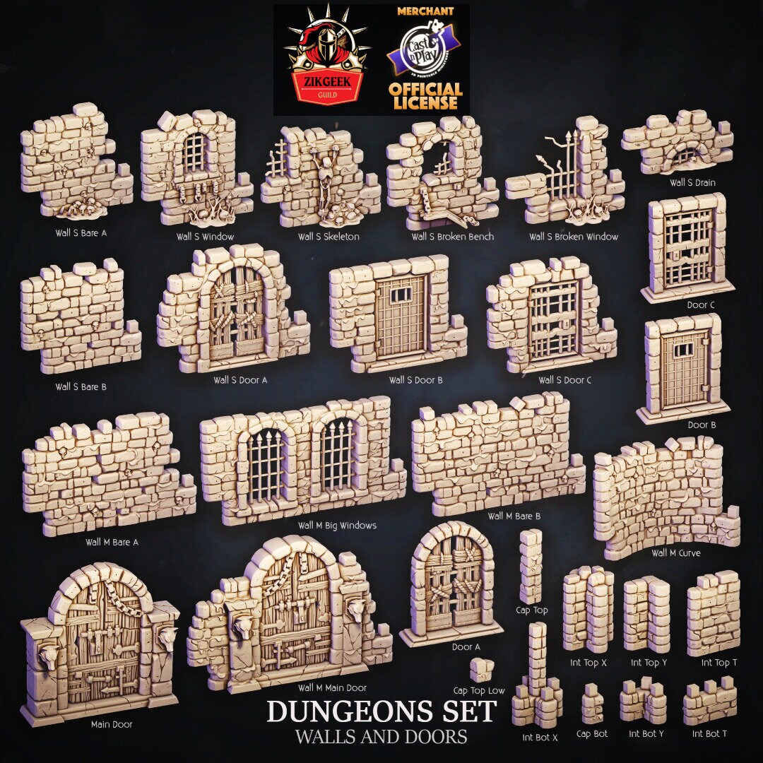 Dungeon Walls & Doors Terrain Set: 28/32/38mm Fantasy RPG Miniatures ...