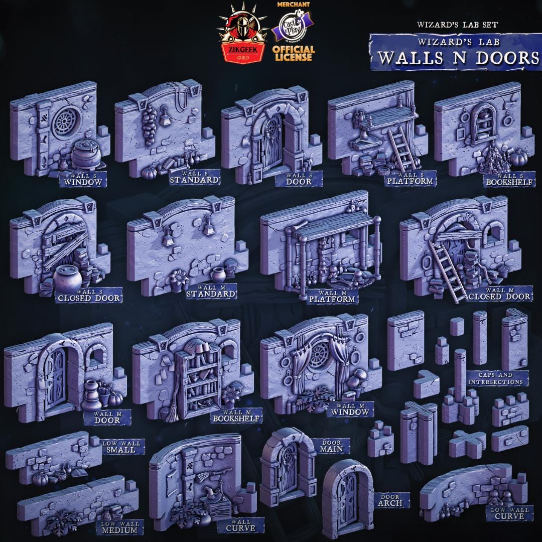 Wizard's Lab, Walls & Doors Terrain: 28/32/38mm Fantasy RPG Miniatures ...