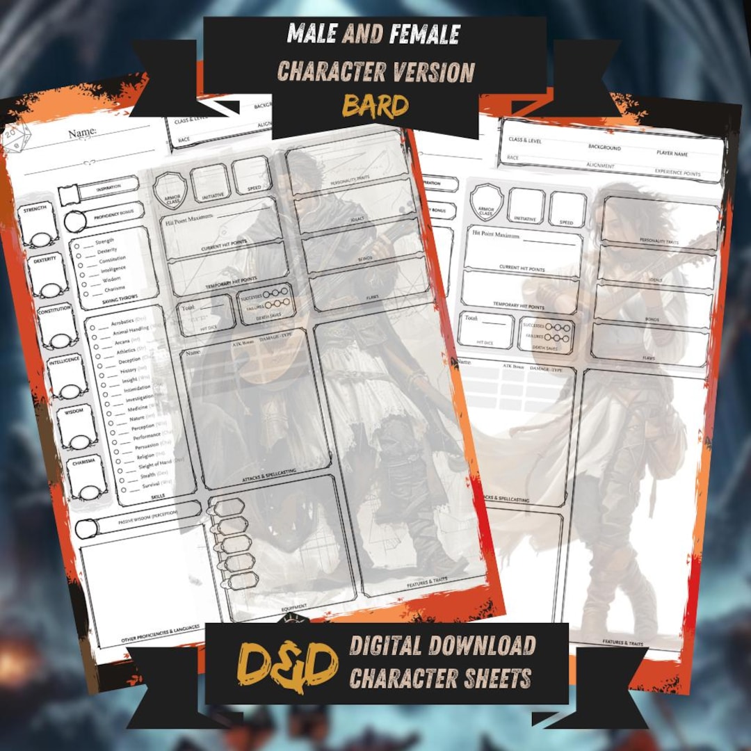 Character Sheet Bard Male Female Printable Sheet Dnd 5e Stat Sheet ...