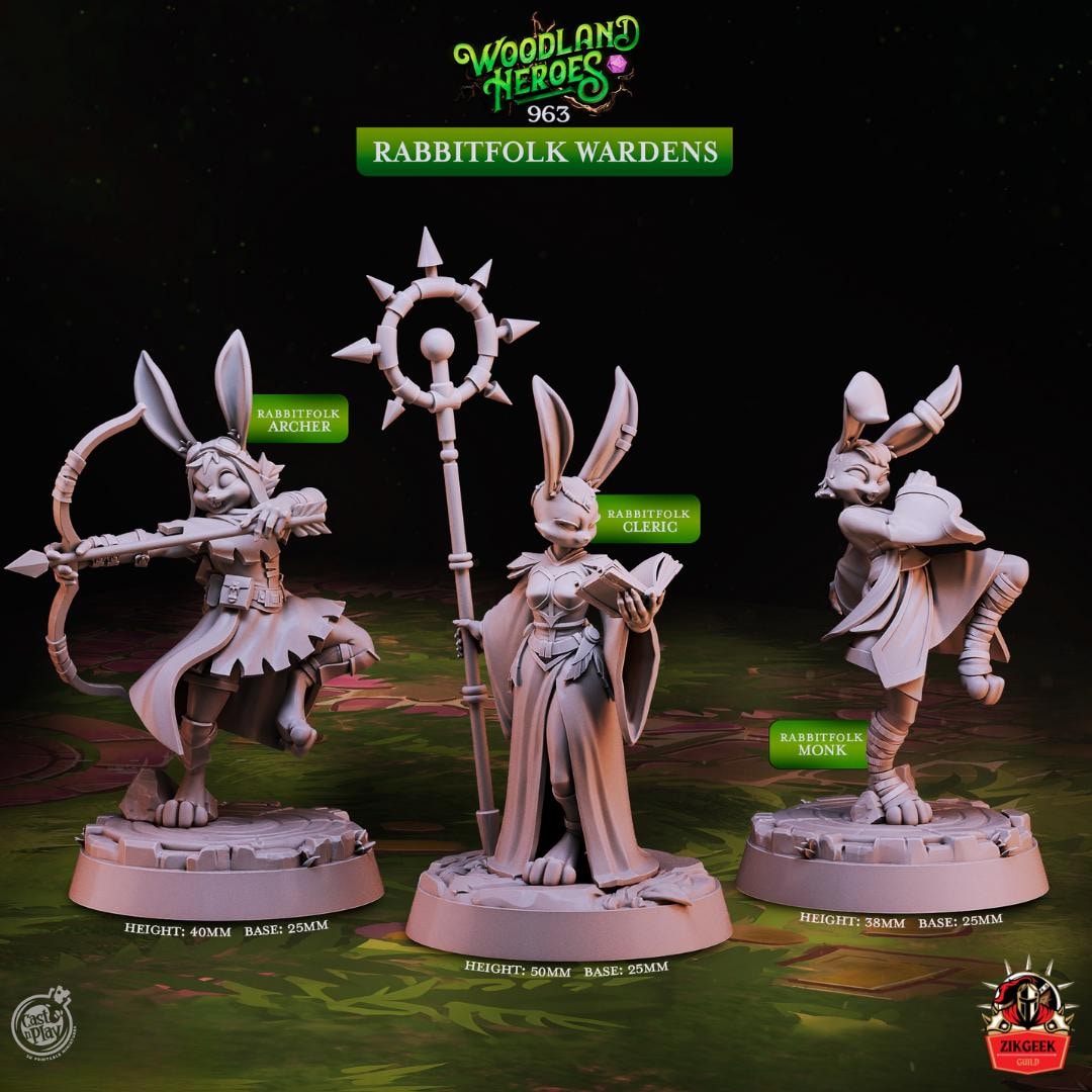 Rabbitfolk Archer, Cleric, Monk Miniatures: 28/32/38mm Fantasy RPG Mini ...