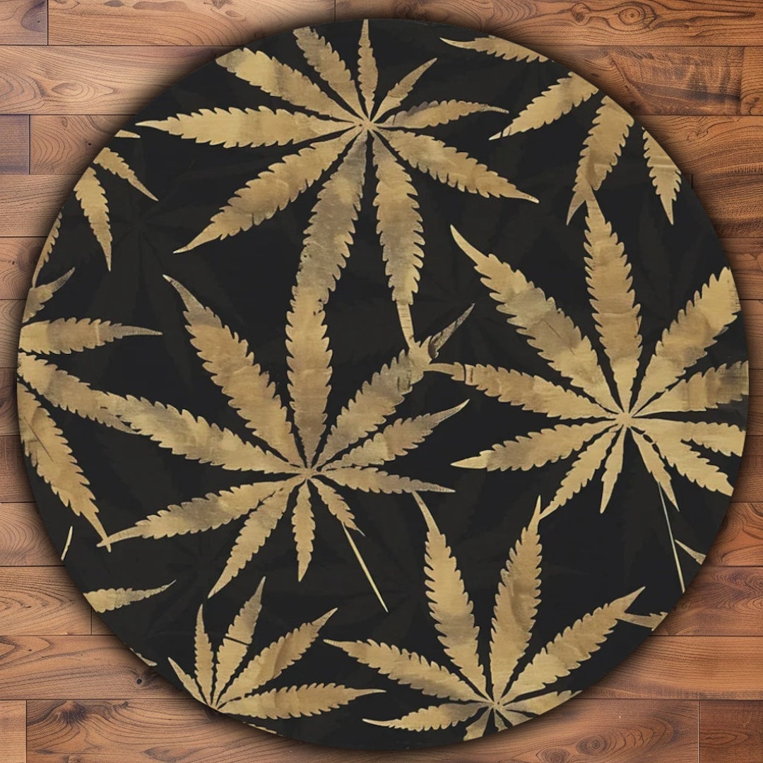 Round Area Rug - Black Background With Gold Hemp/marijuana Leaves Weed ...