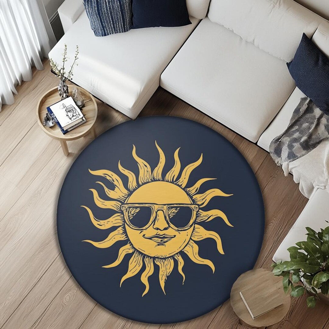 Round Psychedelic Navy Rug Hand-drawn Yellow Sun With Sunglasses Unique ...