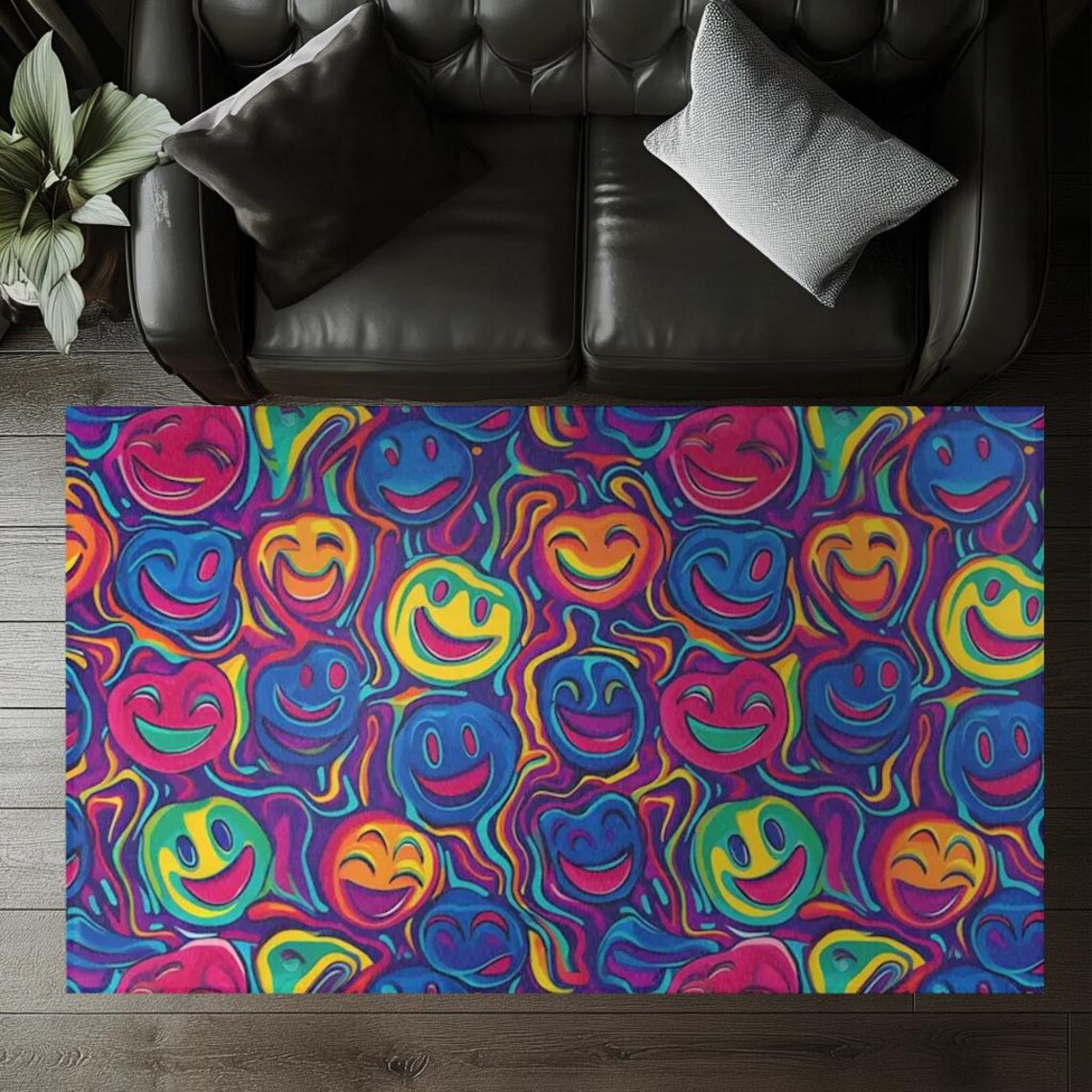 Colorful Melted Happy Face Trippy Vibes Area Rug, Psychedelic Decor for ...