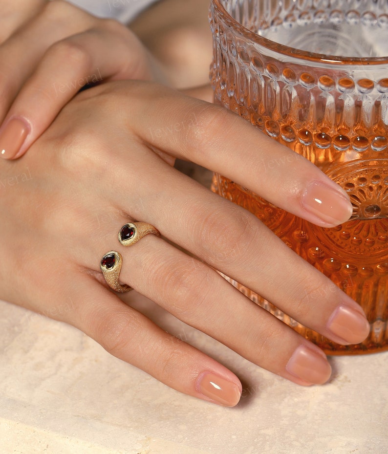 Heart Garnet Ring Two Stone Open Wedding Band Dainty Yellow Gold ...