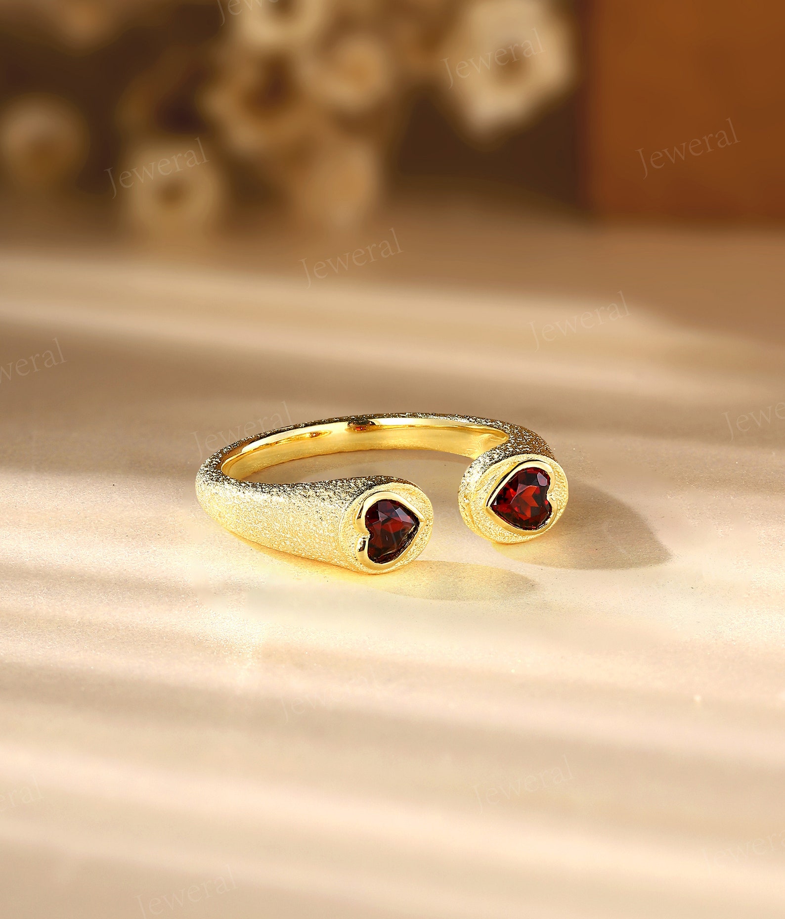 Heart Garnet Ring Two Stone Open Wedding Band Dainty Yellow Gold ...