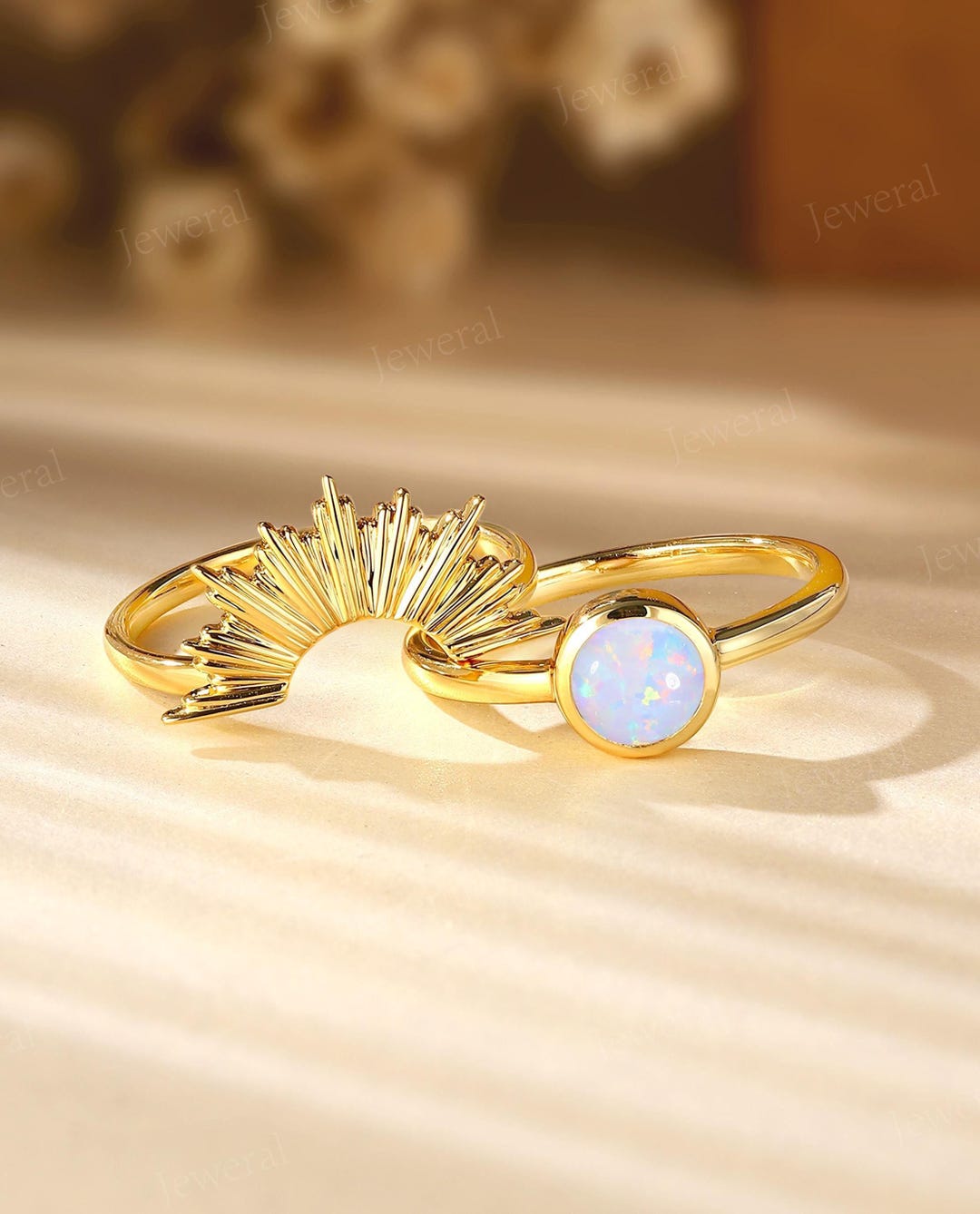 Opal Sunburst Stacking Ring Set | Gold Radiant Sun & Opal Ring | Symbol ...