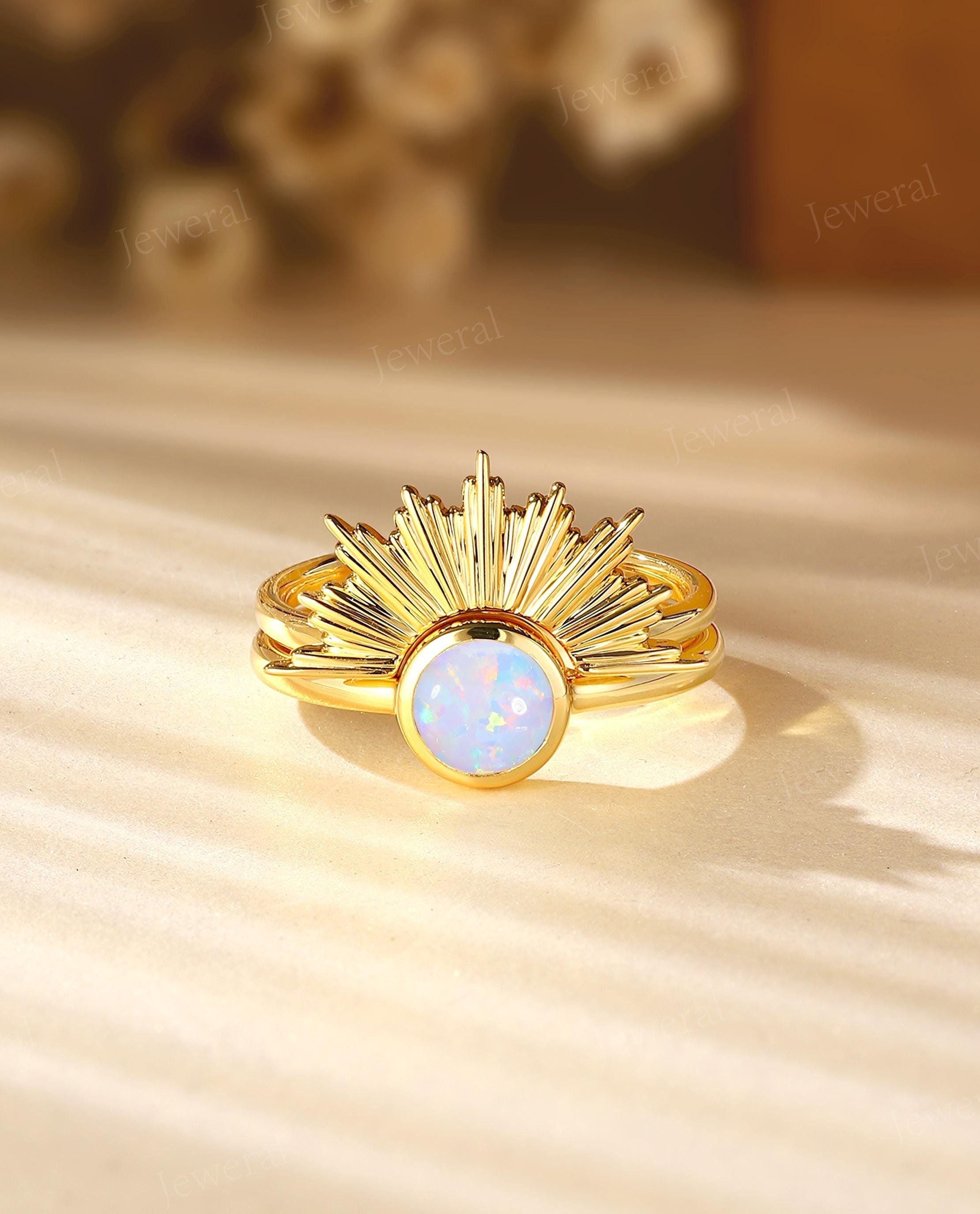 Opal Sunburst Stacking Ring Set | Gold Radiant Sun & Opal Ring | Symbol ...