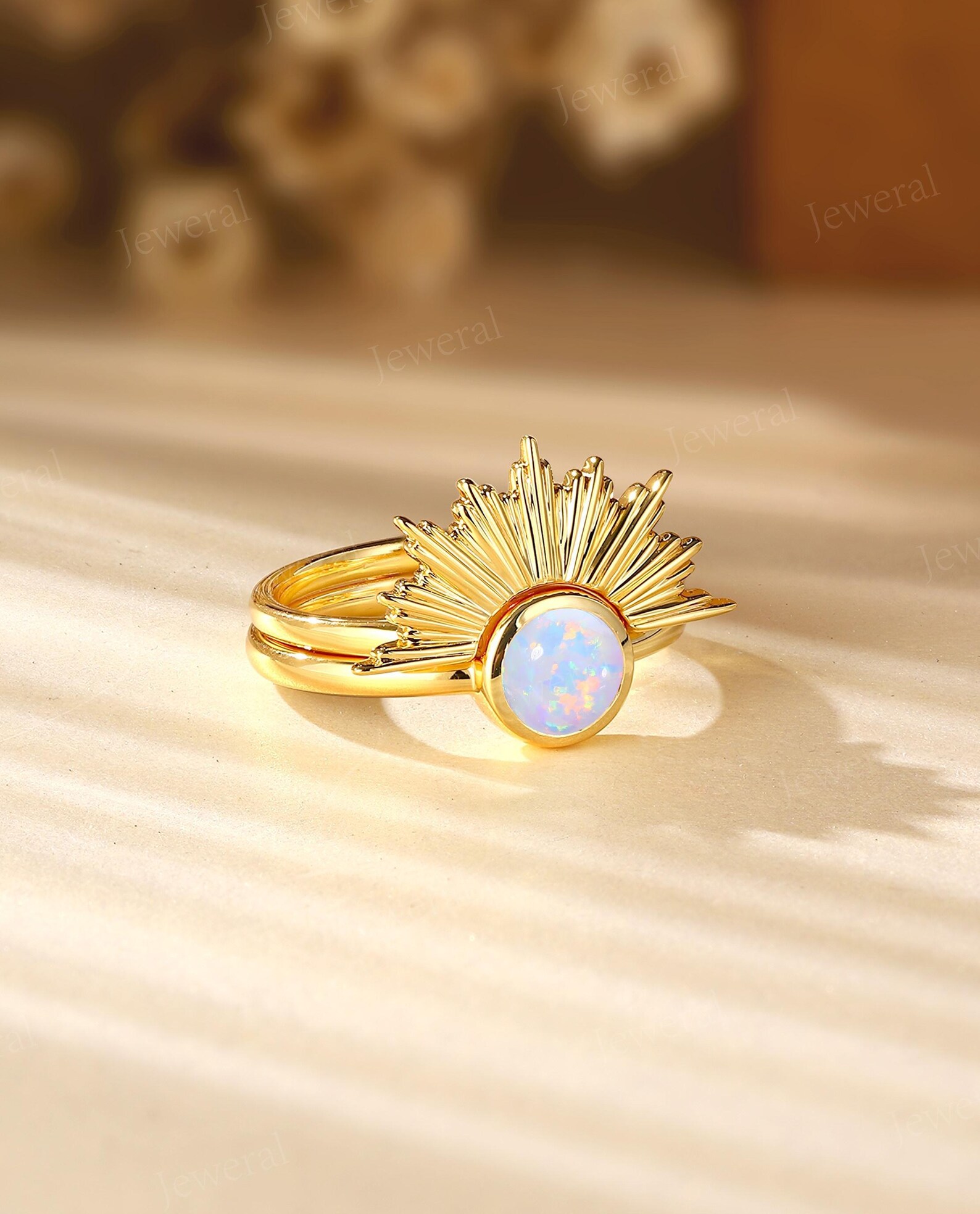 Opal Sunburst Stacking Ring Set | Gold Radiant Sun & Opal Ring | Symbol ...