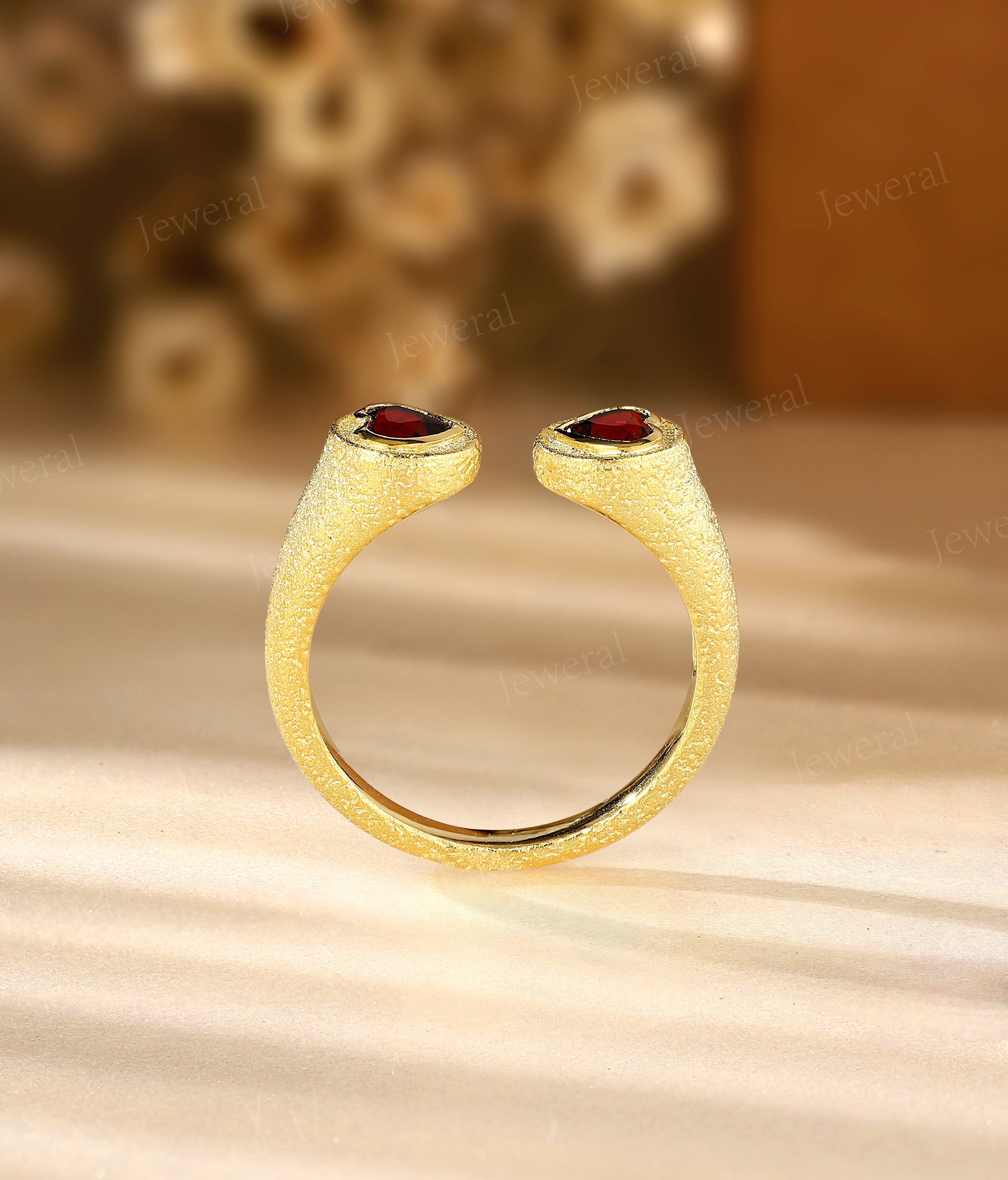 Heart Garnet Ring Two Stone Open Wedding Band Dainty Yellow Gold ...