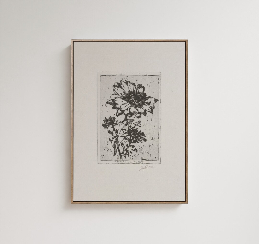 Antique Sunflower Etching Print Vintage Flower Stem Wall Art Neutral ...