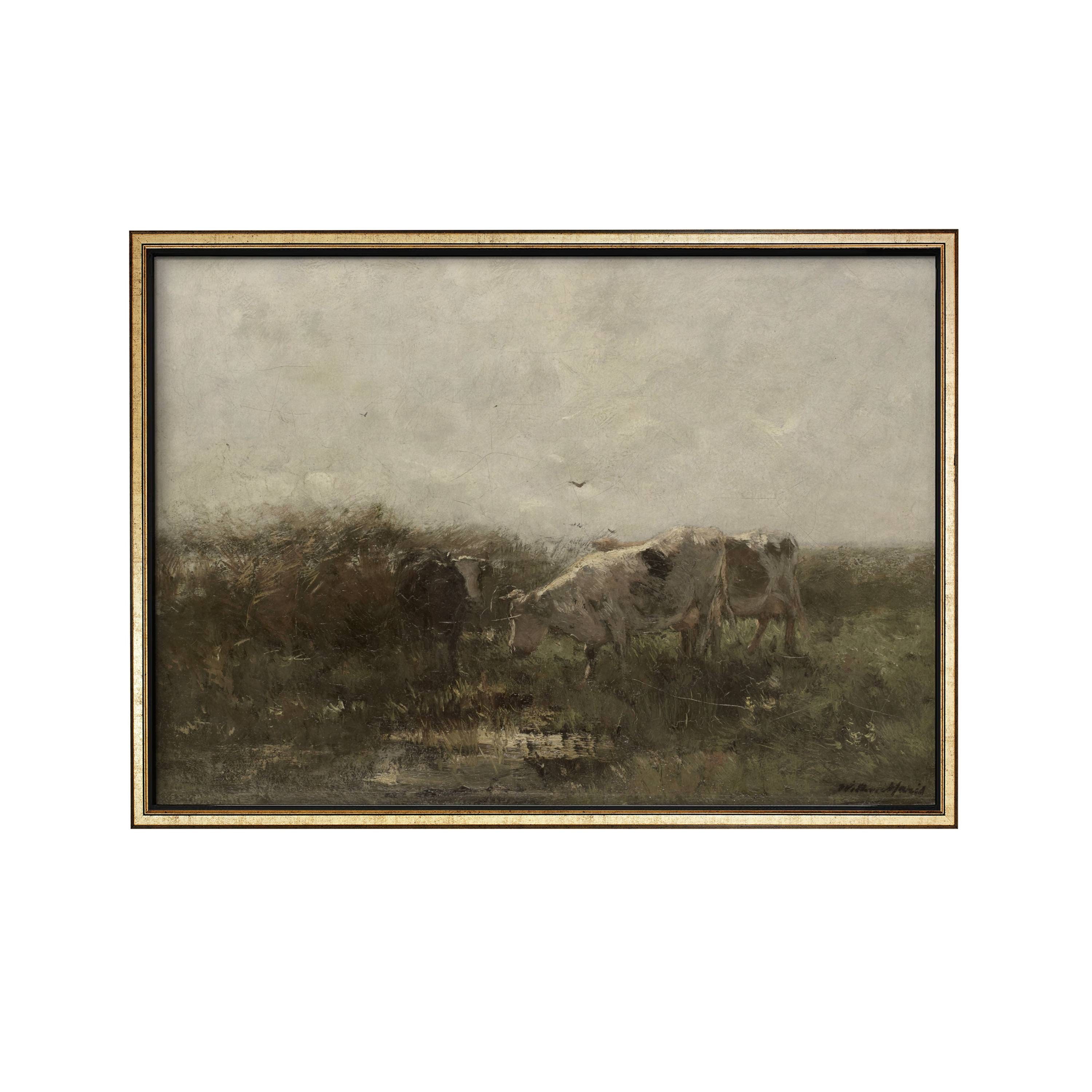 Antique Cows in a Landscape Painting Farm Cattle Wall Art Country Croft ...