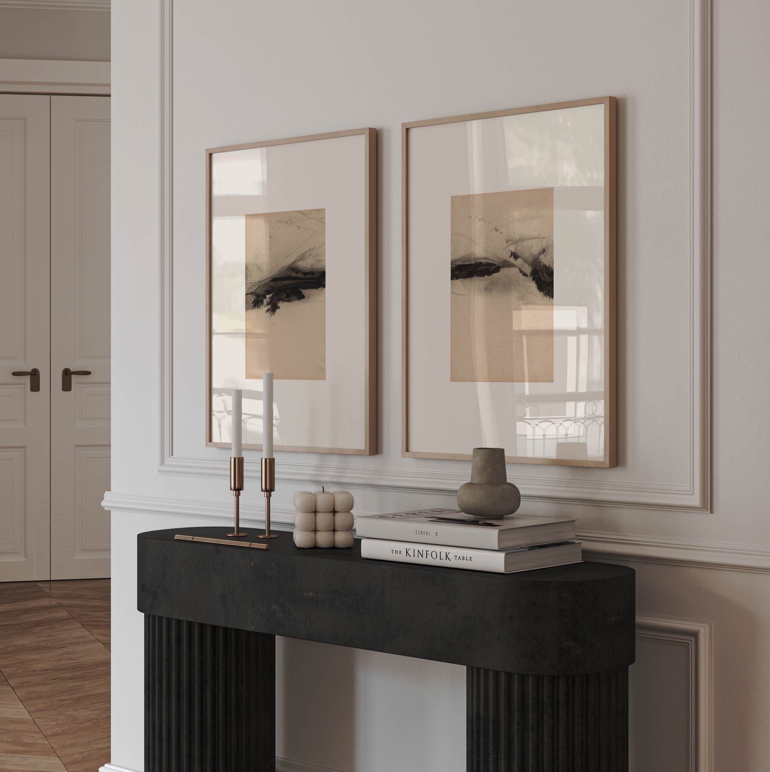 Set of Two Landscape Chalk Drawing Prints Abstract Minimalist Wall Art ...