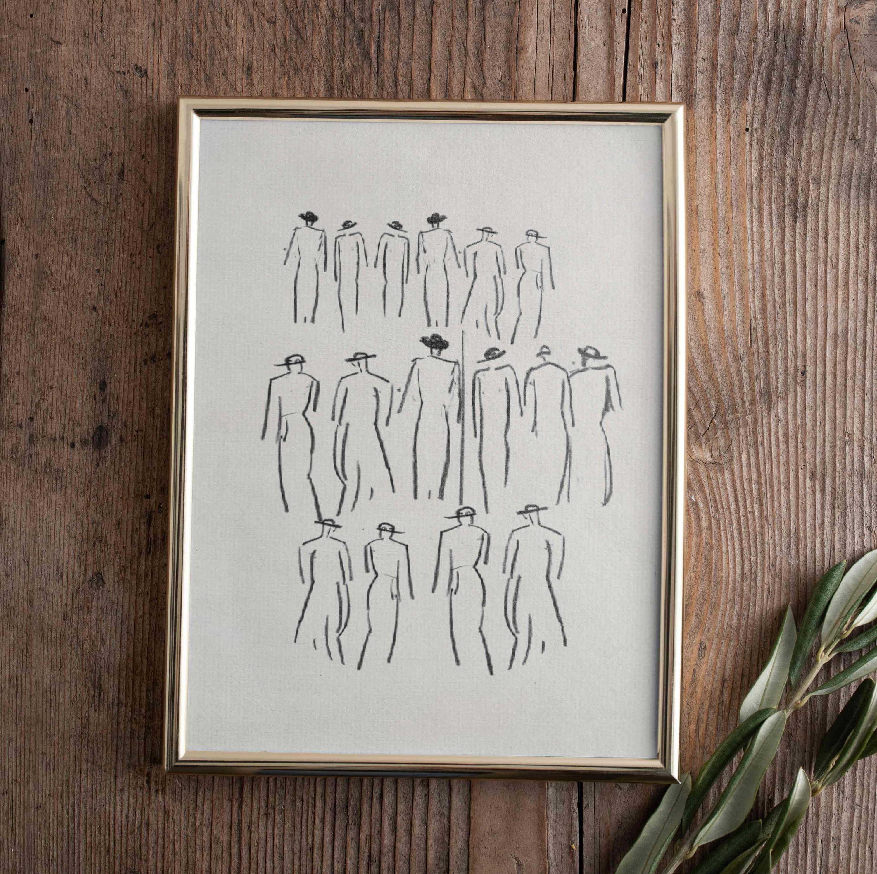 Antique People Figures Drawing Crowd of Men Wall Art Print Figurative ...