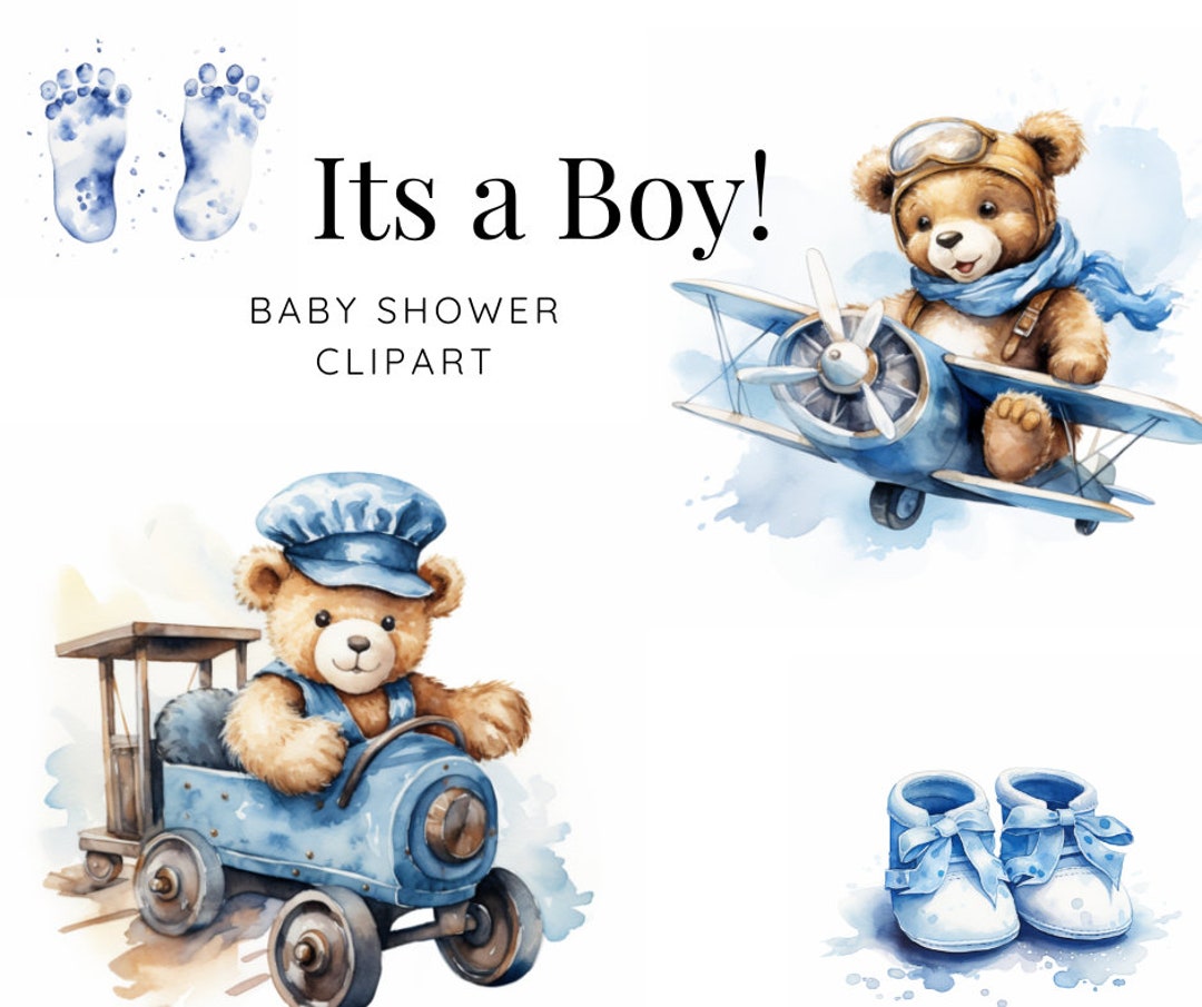 Watercolor Teddy Bear Clipart, Baby Shower for a Boy, Blue Balloons ...