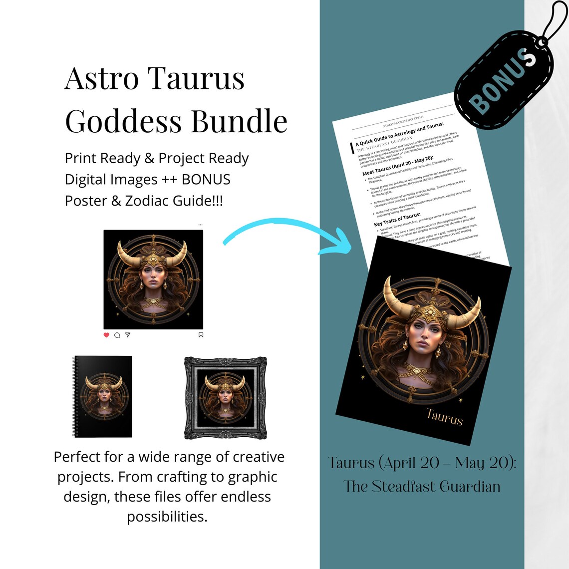 Astro Taurus Goddess Image Bundle Zodiac Sign Print, Astrology Poster Print, Zodiac Sign Guide ...