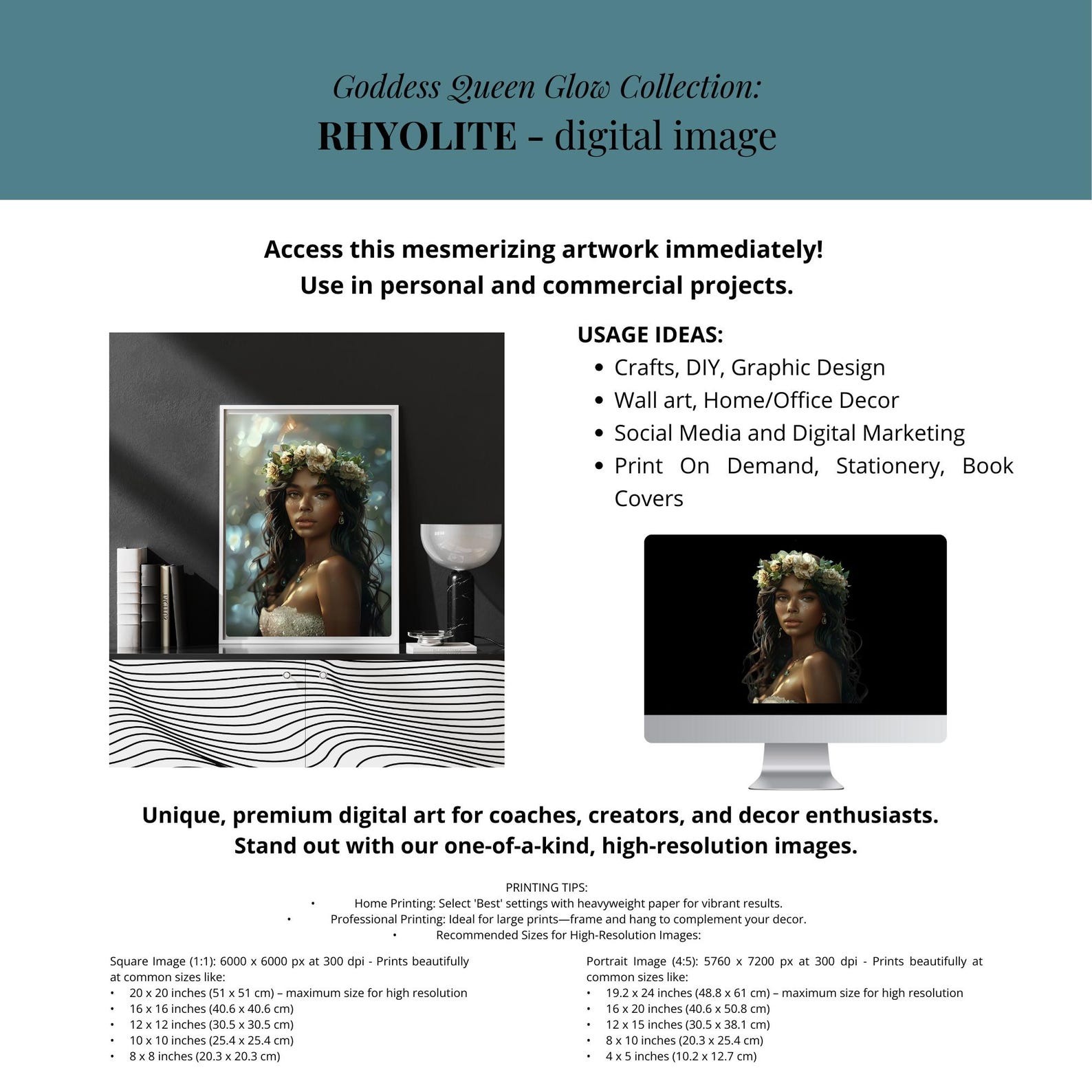 Divine Feminine Rhyolite Queen Goddess Art | Digital PNG JPG for Home ...