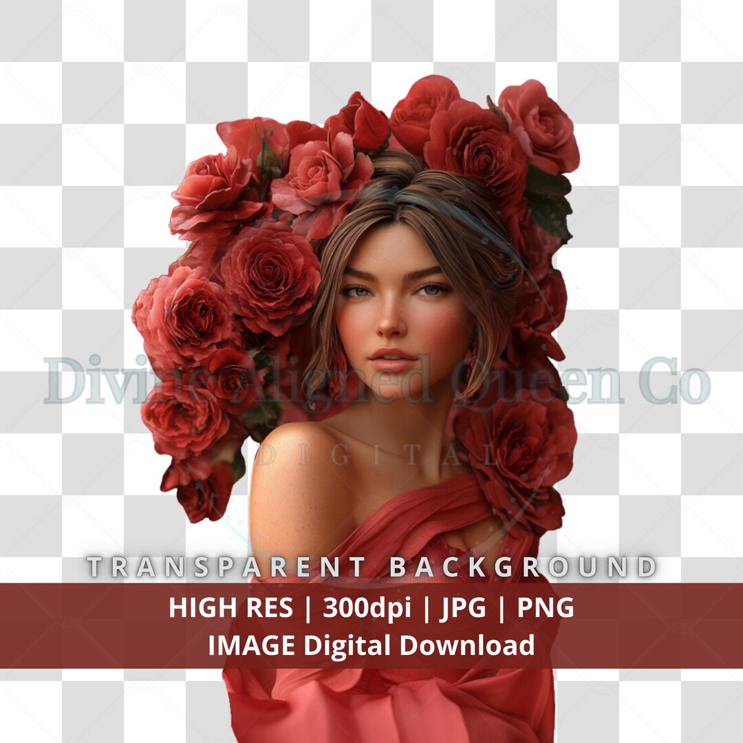 Divine Scarlet Rose Goddess Art: Digital PNG/JPG for Wall Decor, Crafts ...