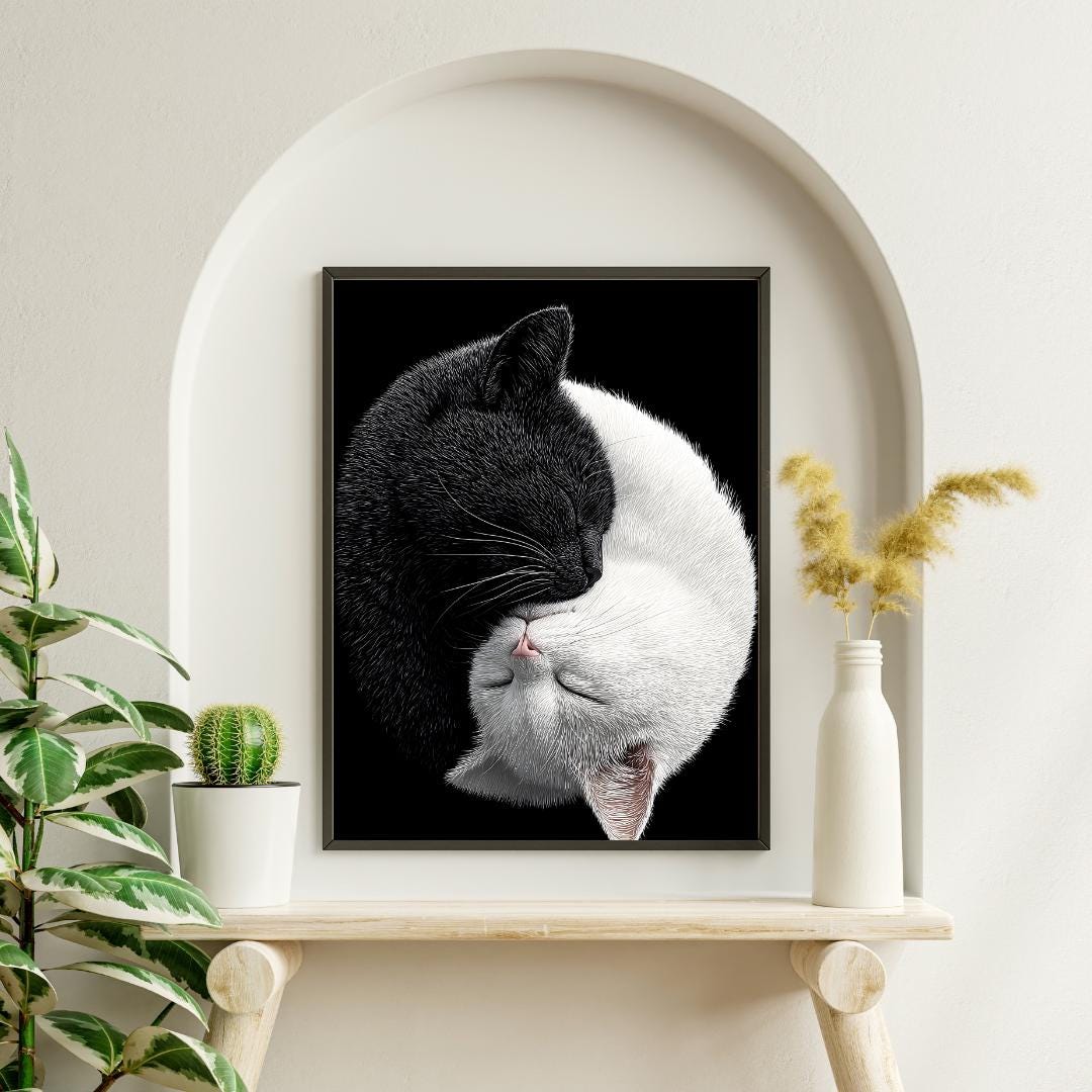 Yin Yang Cat Japanese Black and White Painting Print Wall Art Home ...