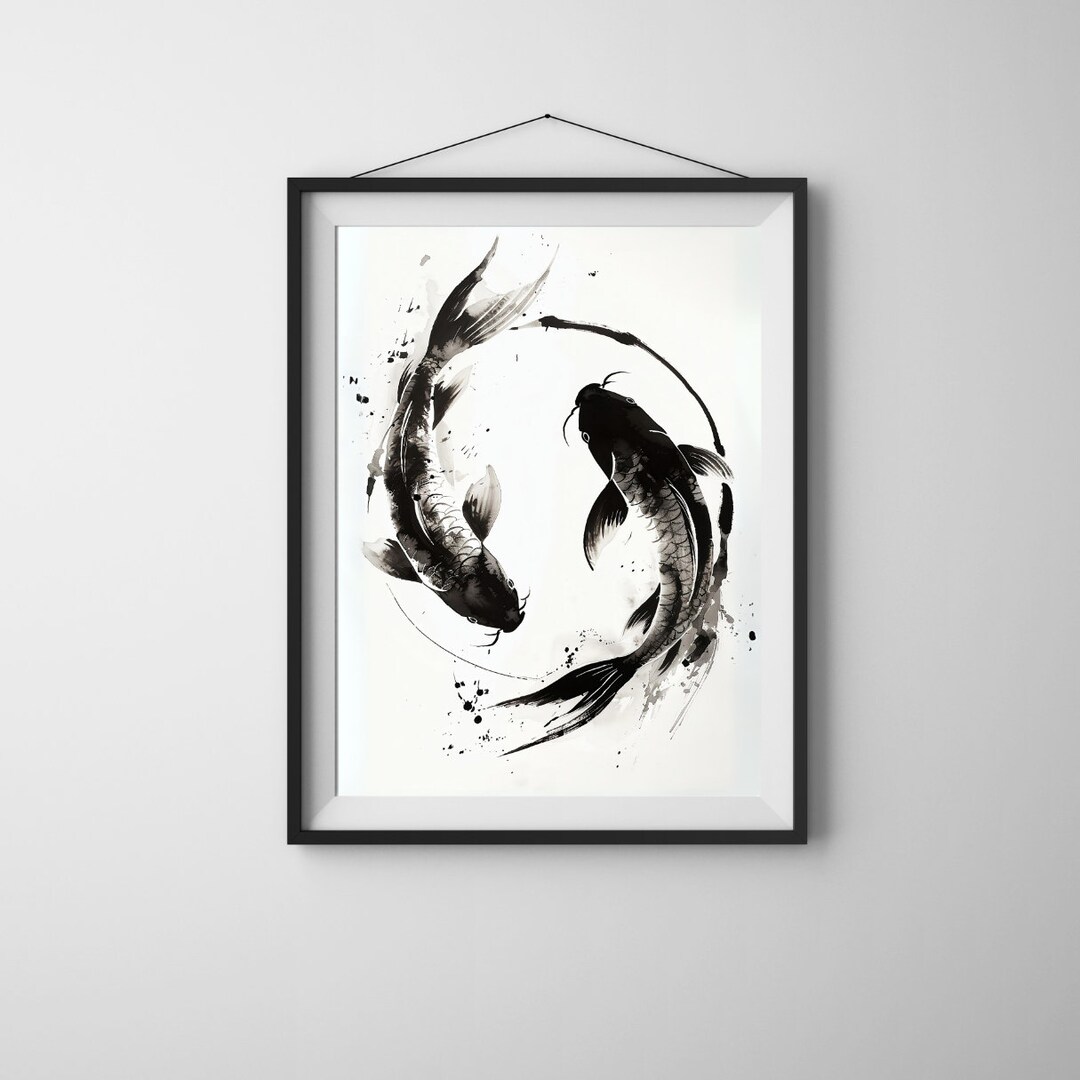 Yin Yang Koi Fish Japanese Black and White Painting Print Wall Art Home ...