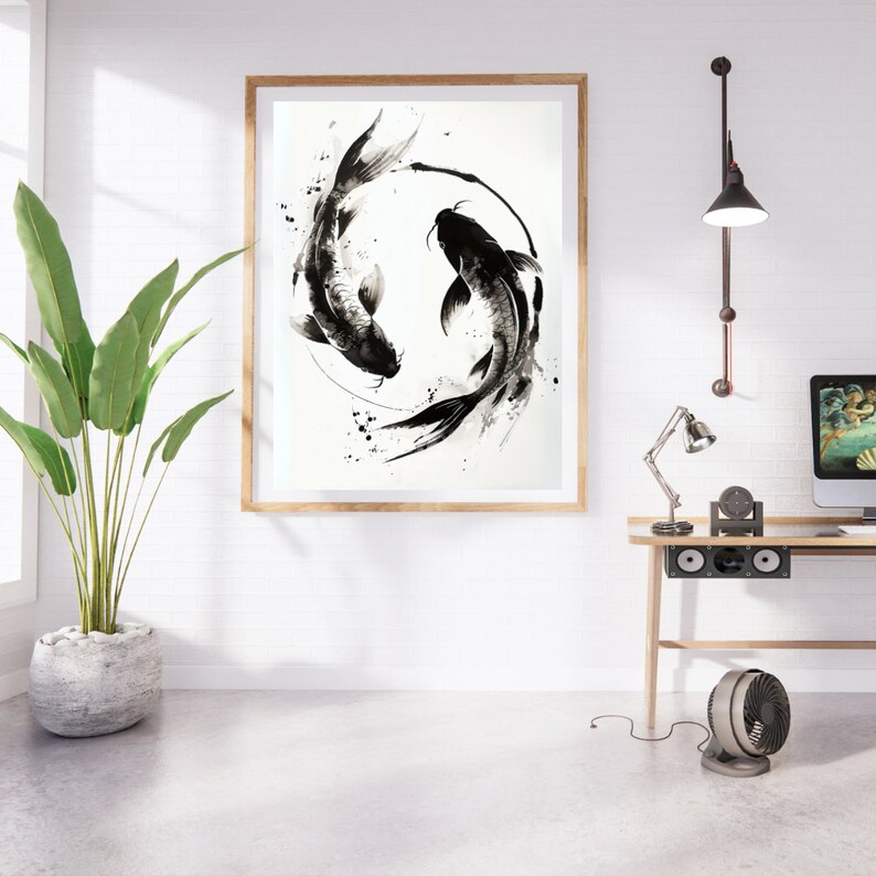 Yin Yang Koi Fish Japanese Black and White Painting Print Wall Art Home ...