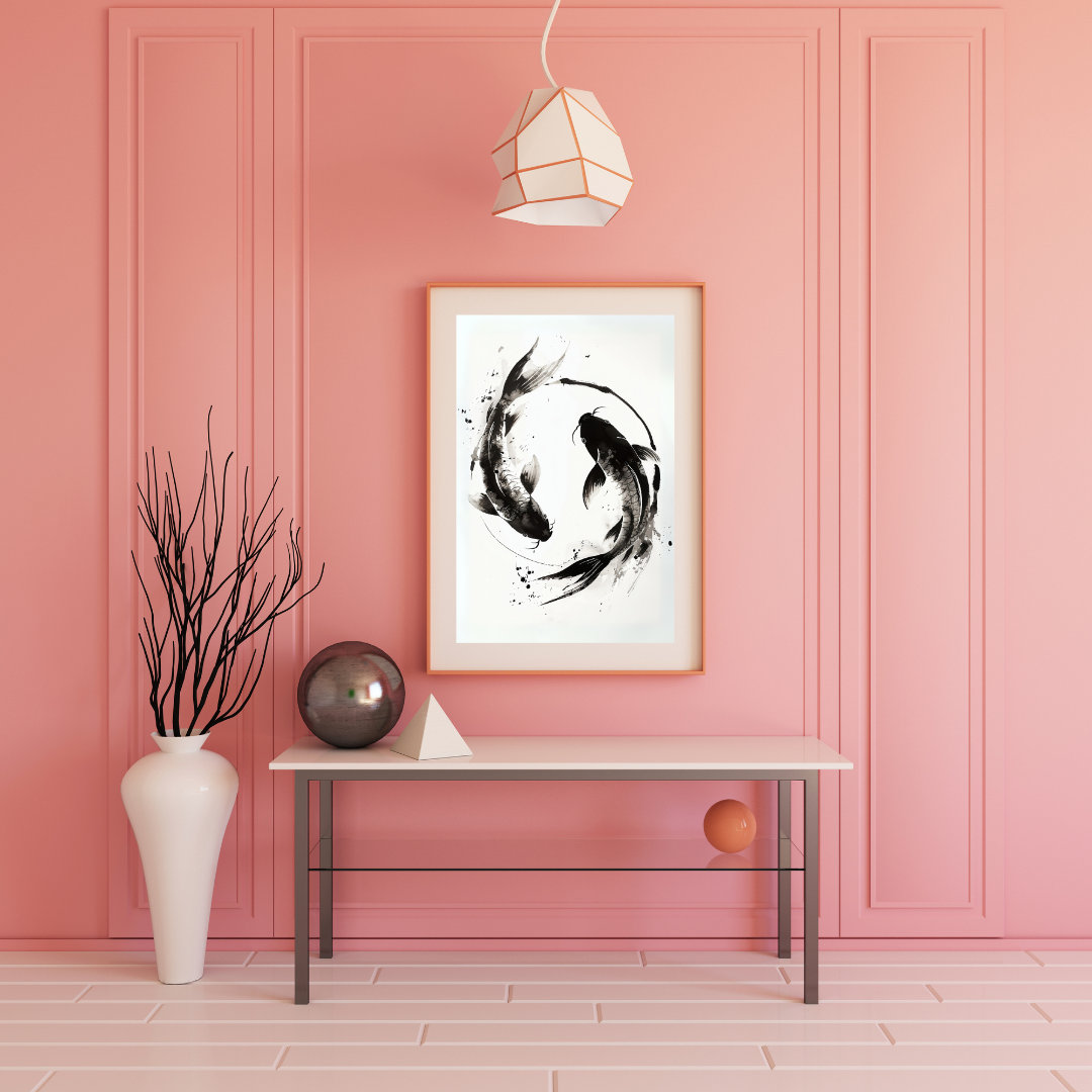 Yin Yang Koi Fish Japanese Black and White Painting Print Wall Art Home ...