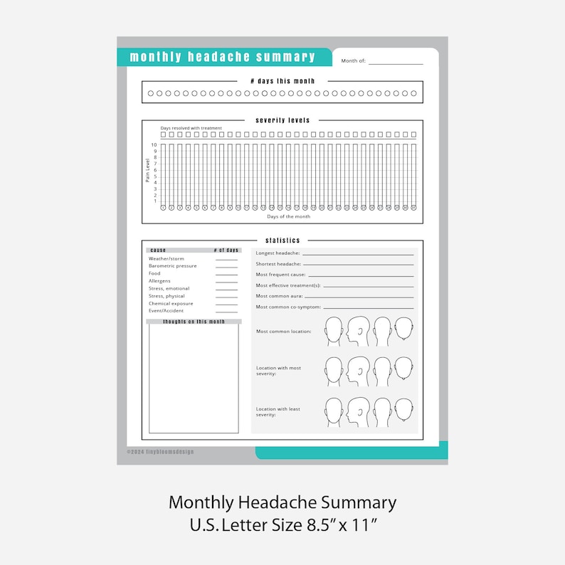Daily & Monthly Headache Tracker Instant Download Printable US Letter 8 ...