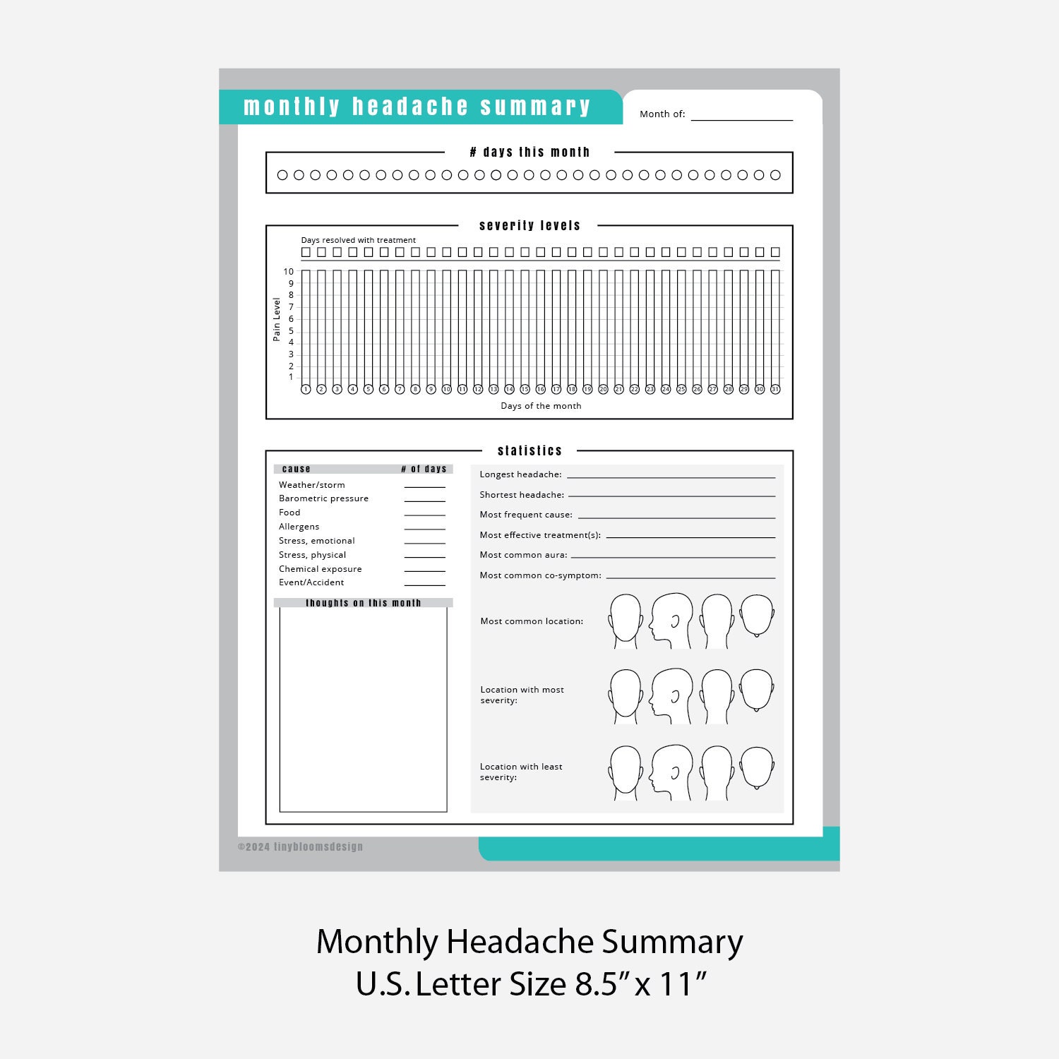 Daily & Monthly Headache Tracker Instant Download Printable US Letter 8 ...