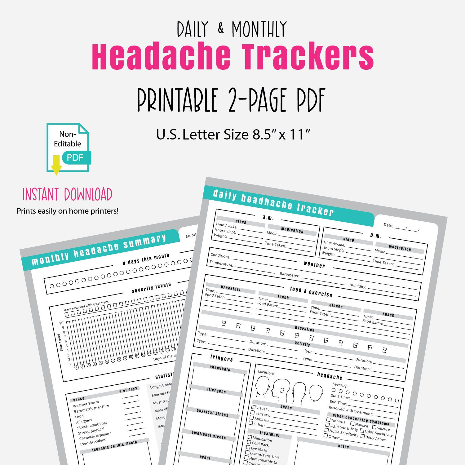 Daily & Monthly Headache Tracker Instant Download Printable US Letter 8 ...