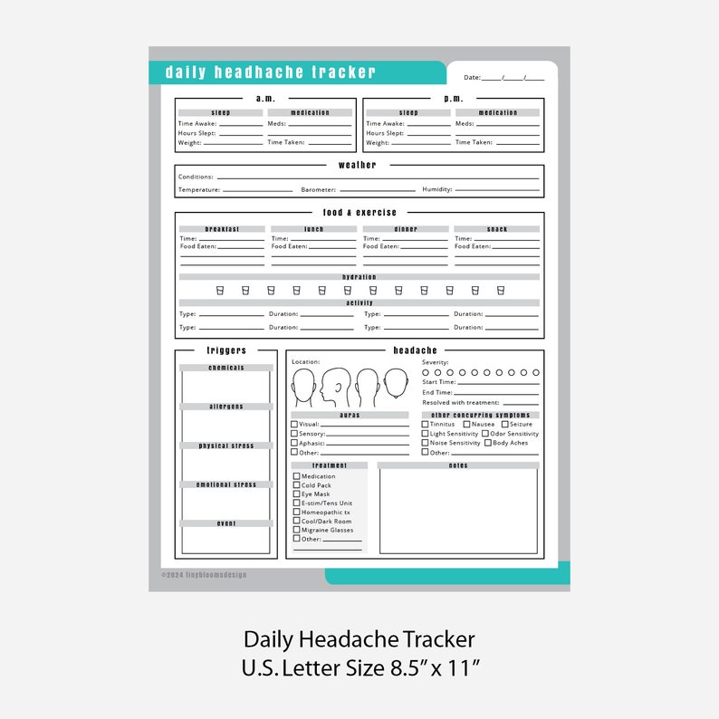Daily & Monthly Headache Tracker Instant Download Printable US Letter 8 ...