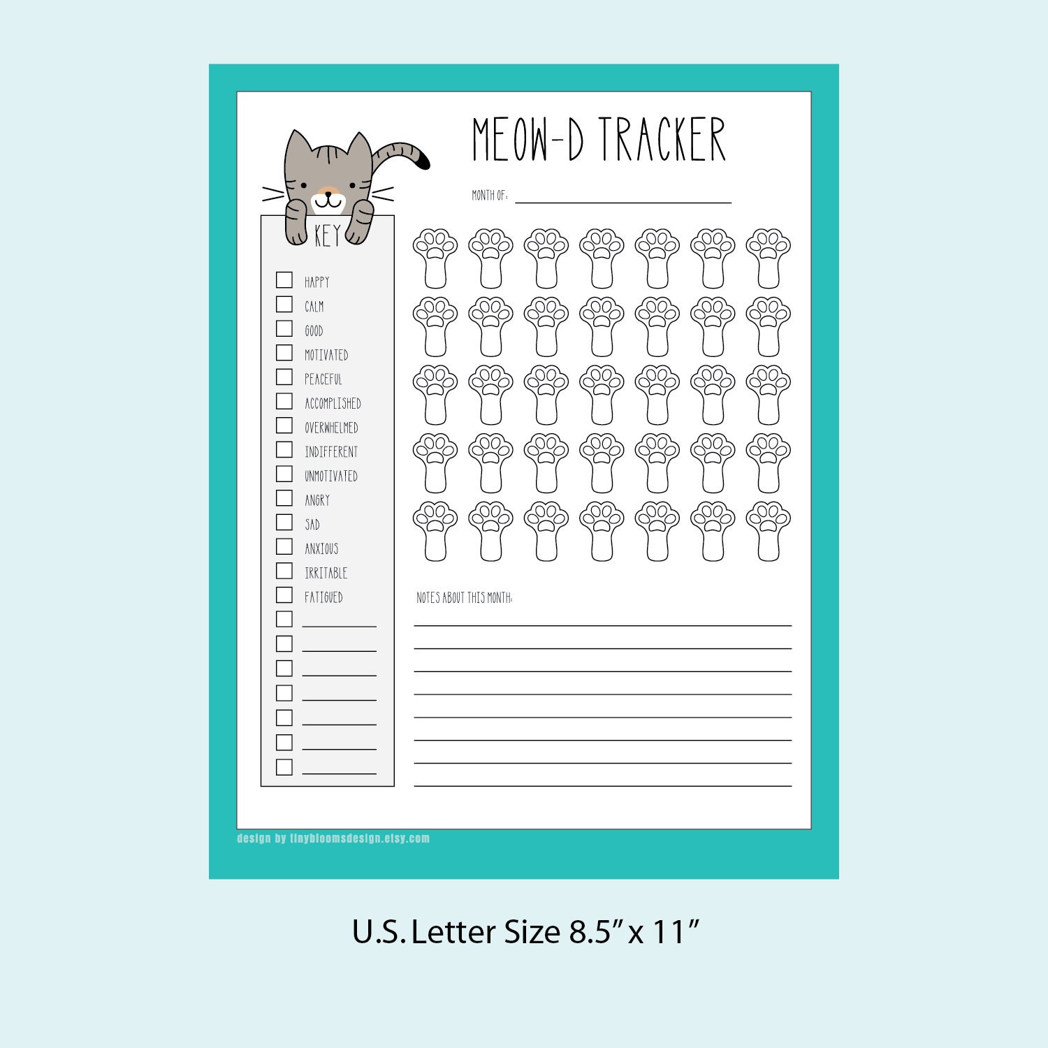 Kitty Meow-d (mood) Tracker Printable PDF, 8.5" X 11" Letter and 5.5"x ...