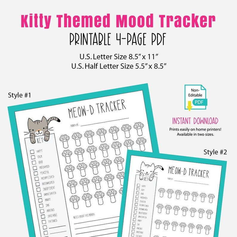 Kitty Meow-d mood Tracker Printable PDF, 8.5 X 11 Letter and 5.5x 8.5 ...