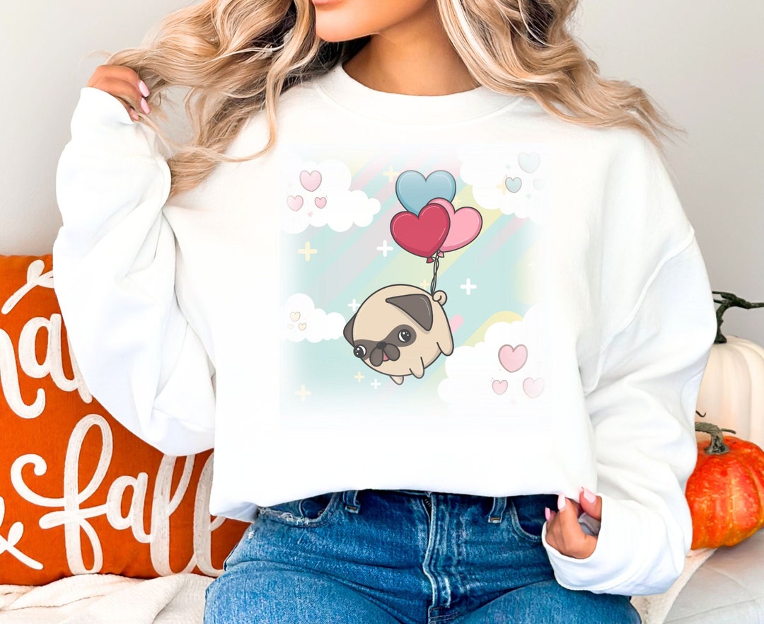 When Pugs Fly, Pug in the Sky Crewneck Sweatshirt, Cute Cartoon Pug ...