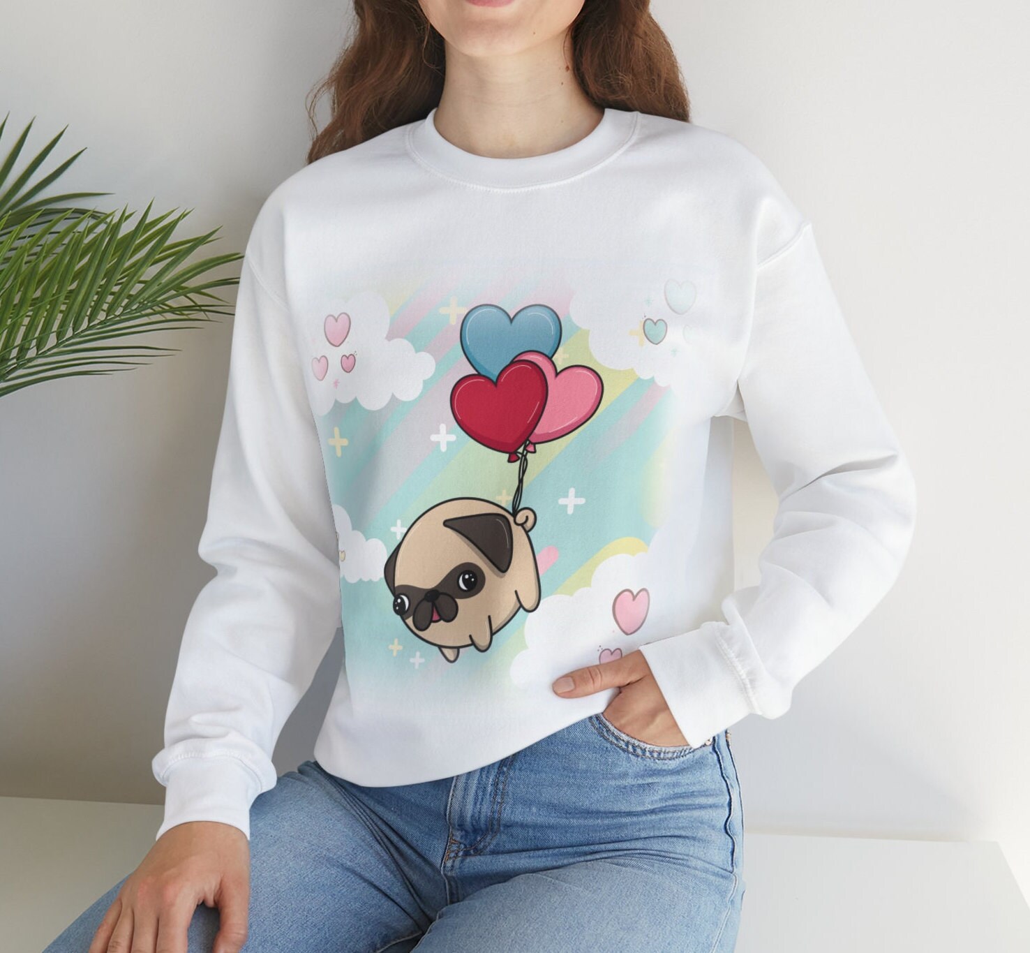 When Pugs Fly, Pug in the Sky Crewneck Sweatshirt, Cute Cartoon Pug ...