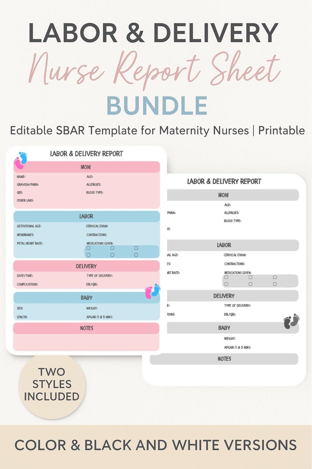 Labor and Delivery Report Sheet Bundle | Color + Black and White ...