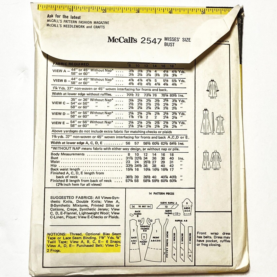 1970s Mccall's 2547 Vintage Sewing Pattern, Misses Dress in Five ...