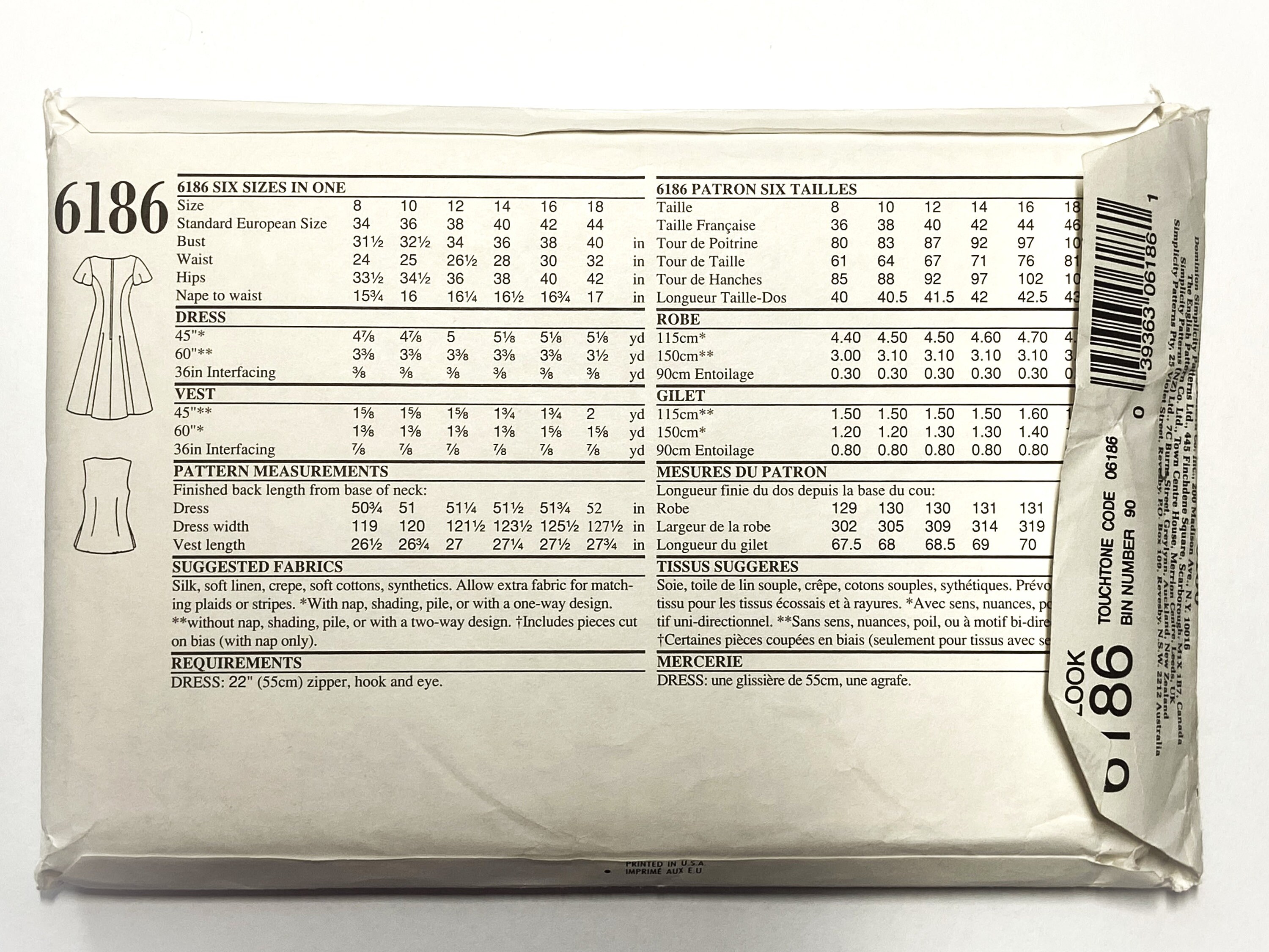 New Look 6186 Sewing Pattern by Simplicity Womens Dress & Vest Size 8 ...