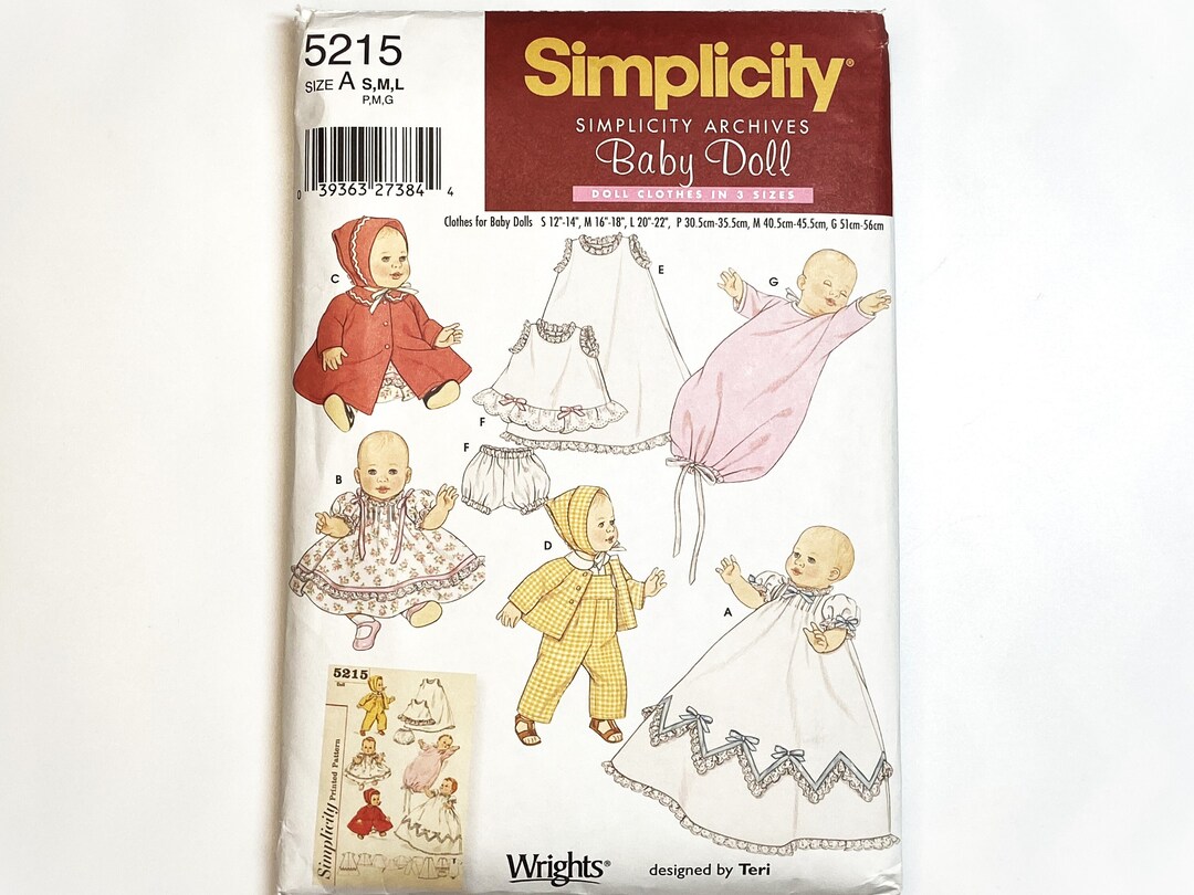 Simplicity 5215 Sewing Pattern Baby Doll Clothes Size 12 22 Simplicity ...